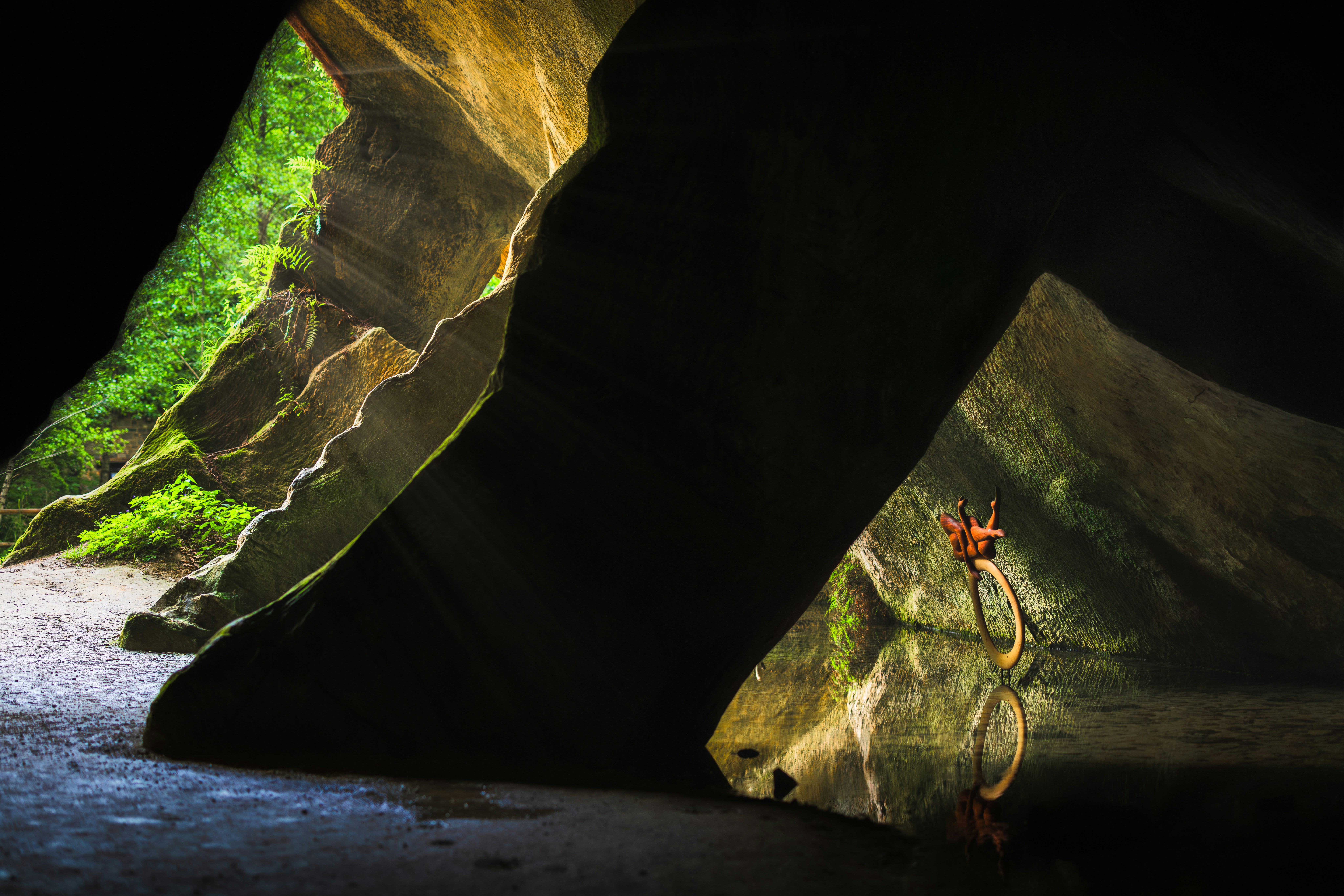 Reflection of a Bright Climber in a Cavern Pool