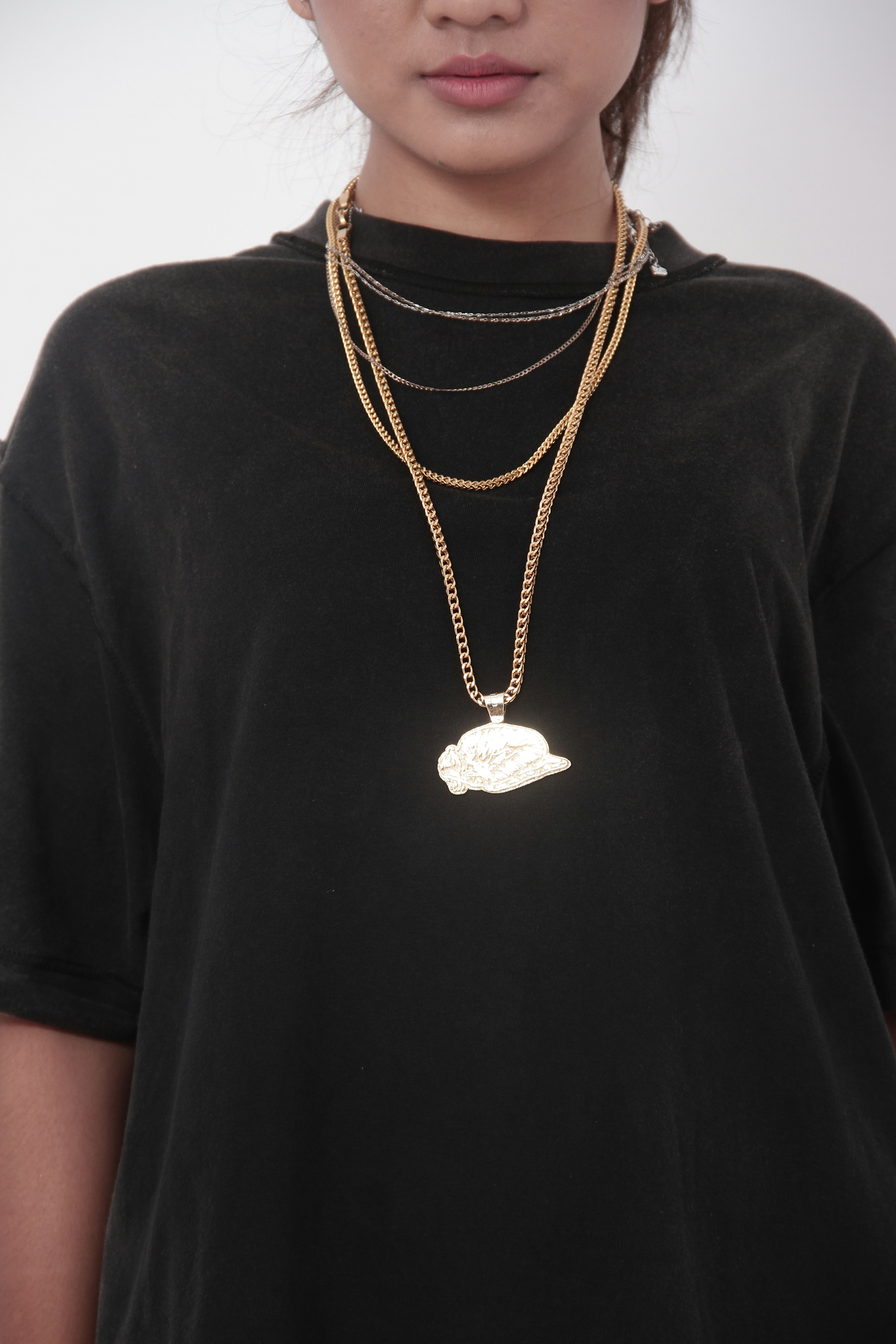 Gold Chains Drift over a Dark Crewneck
