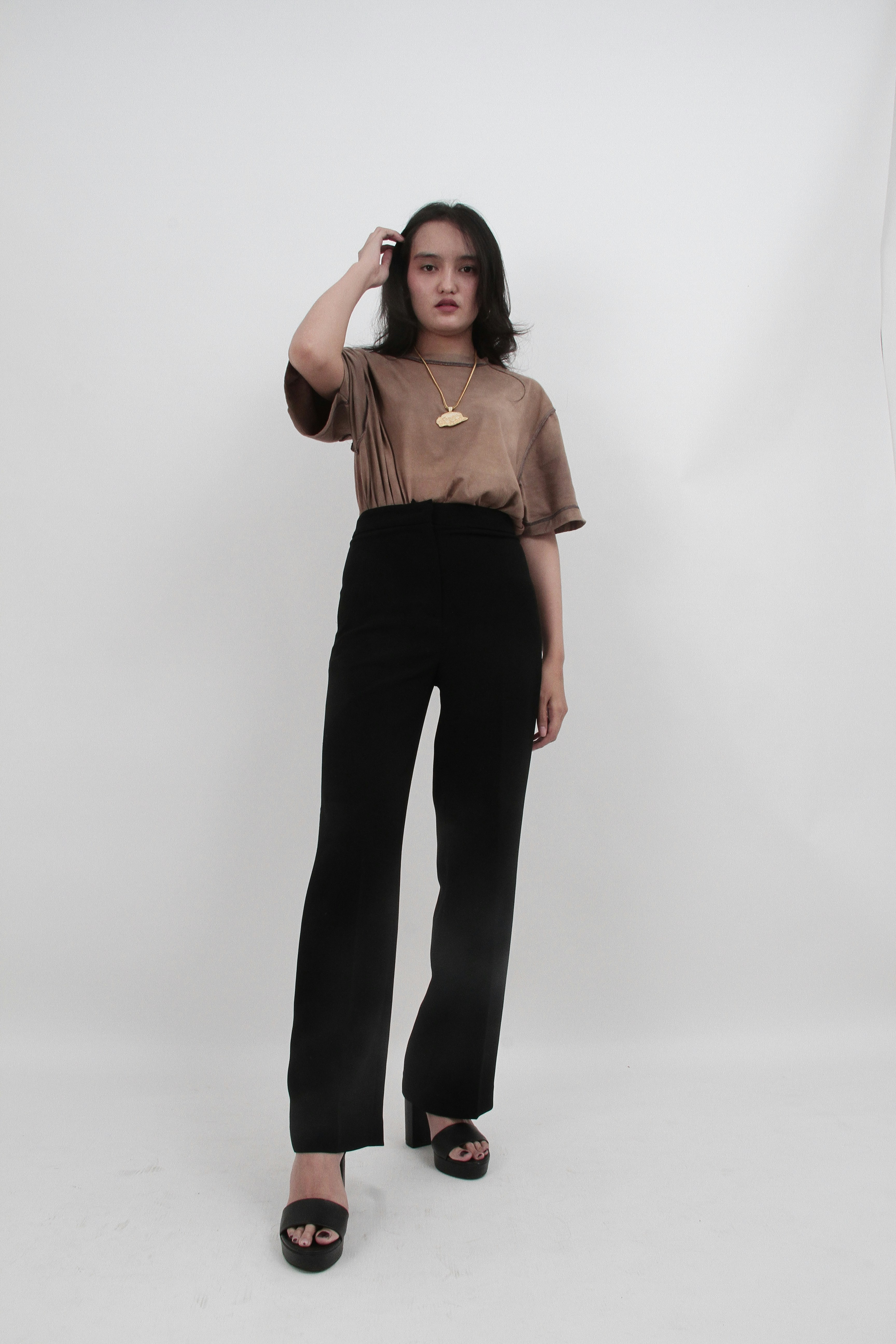 Mid-Height Confidence: A poised model in a taupe blouse and black wide-leg pants