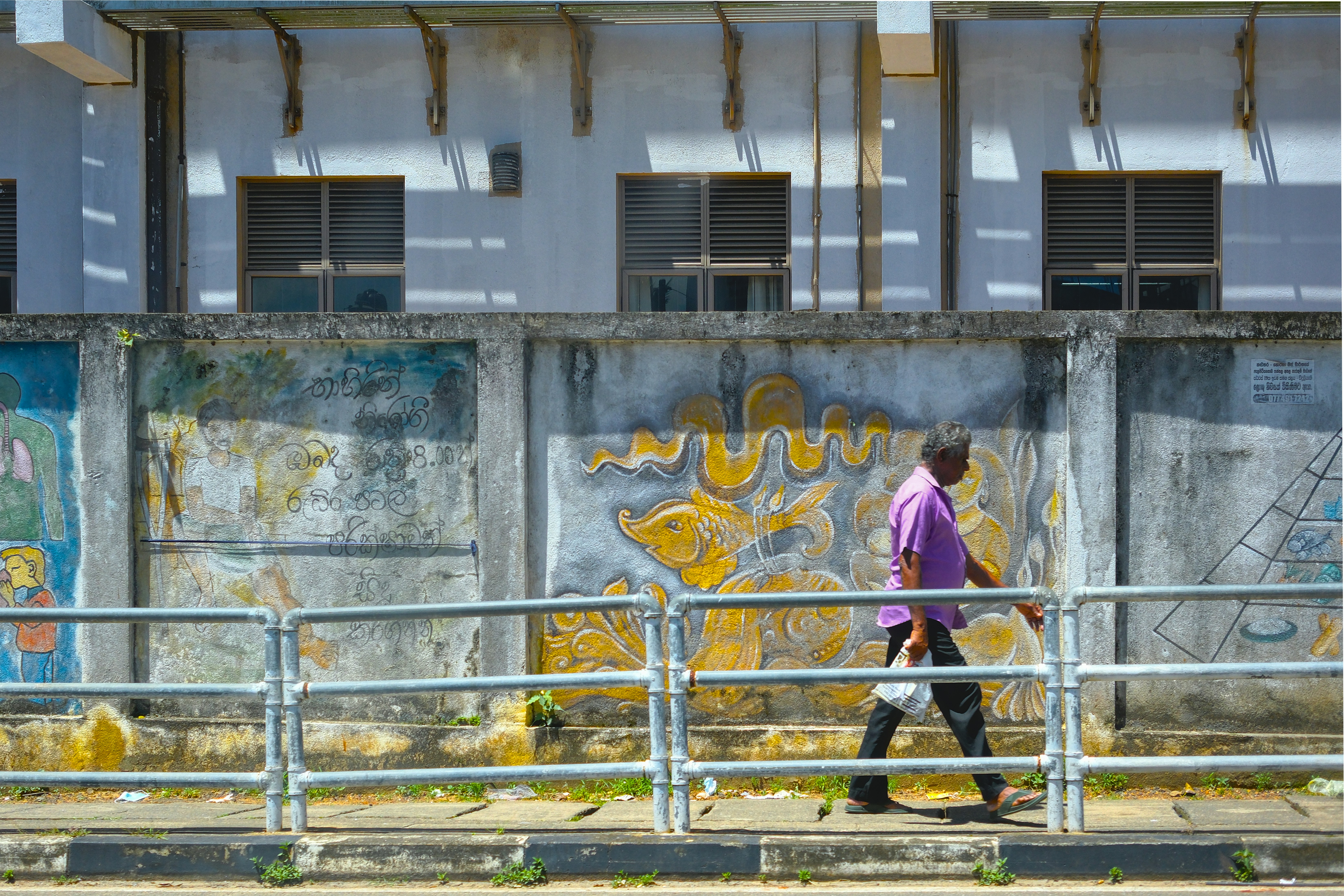 Purple-clad Pedestrian Against a Muraled Wall