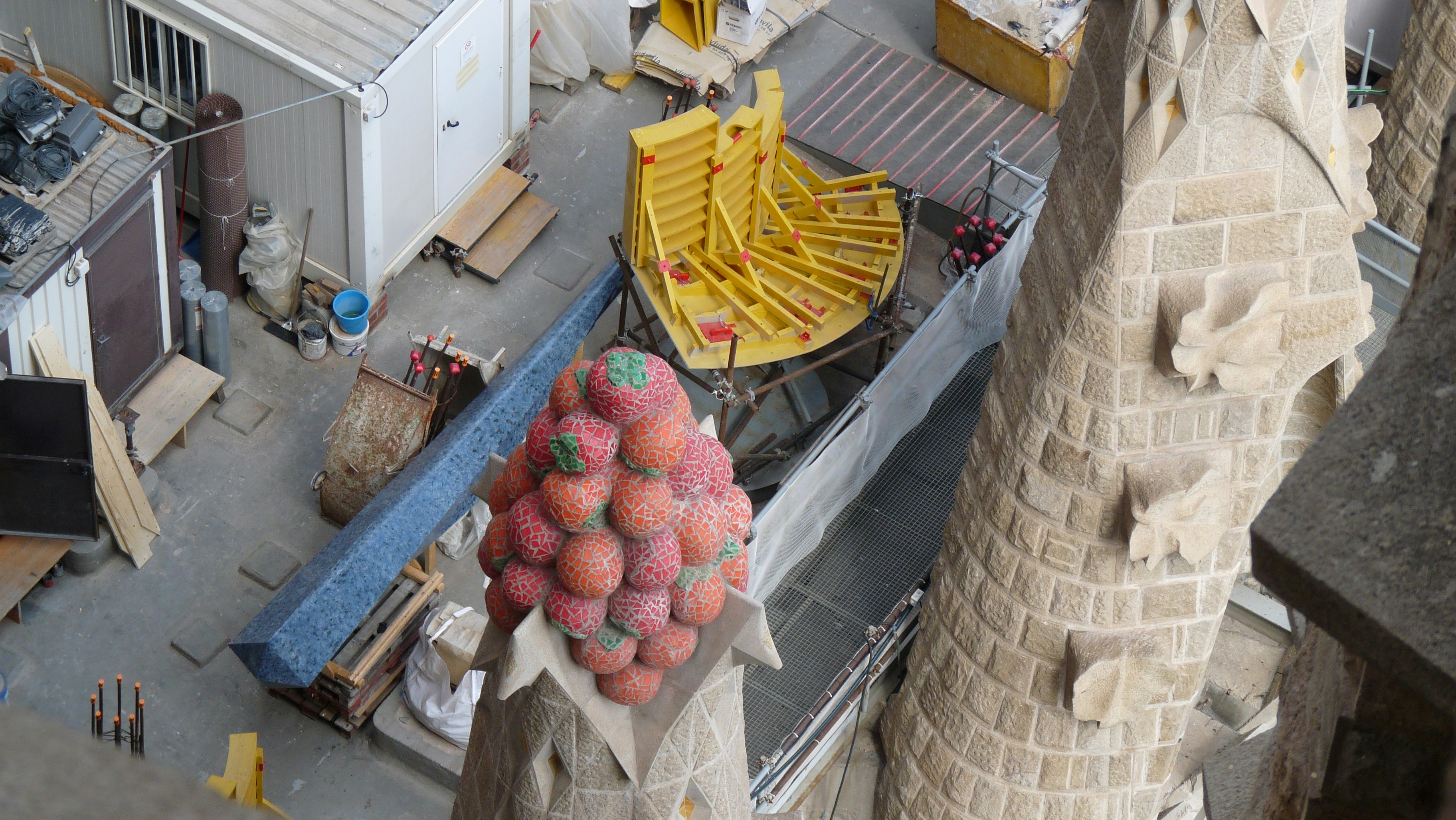 Fruit Topiary on a Gothic Spire Overlooking a Workshop Yard