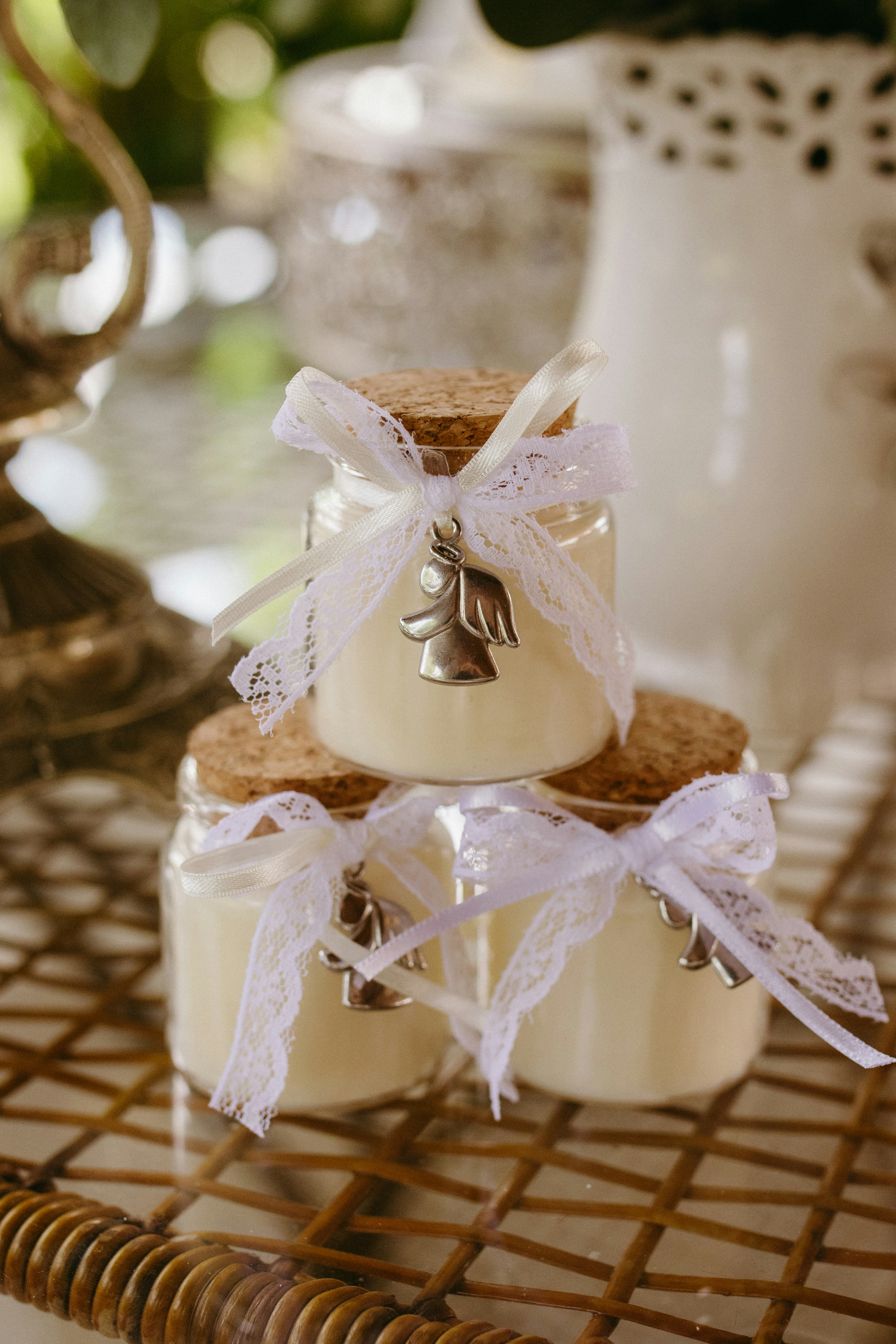 Lace-Tied Milk Jars with Tiny Bell Charms