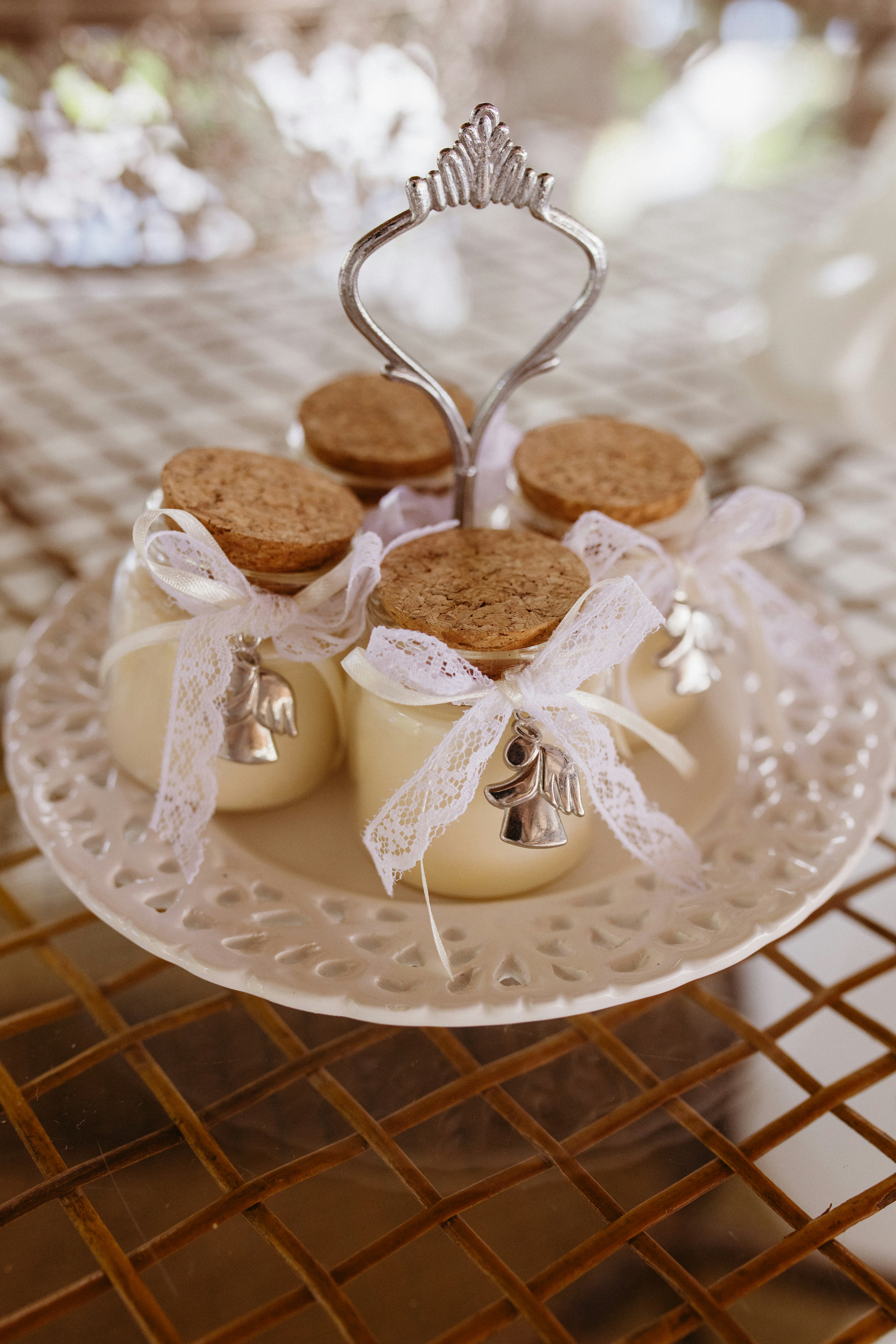 Tiny Champagne Jars on a Lace-Trimmed Tray
