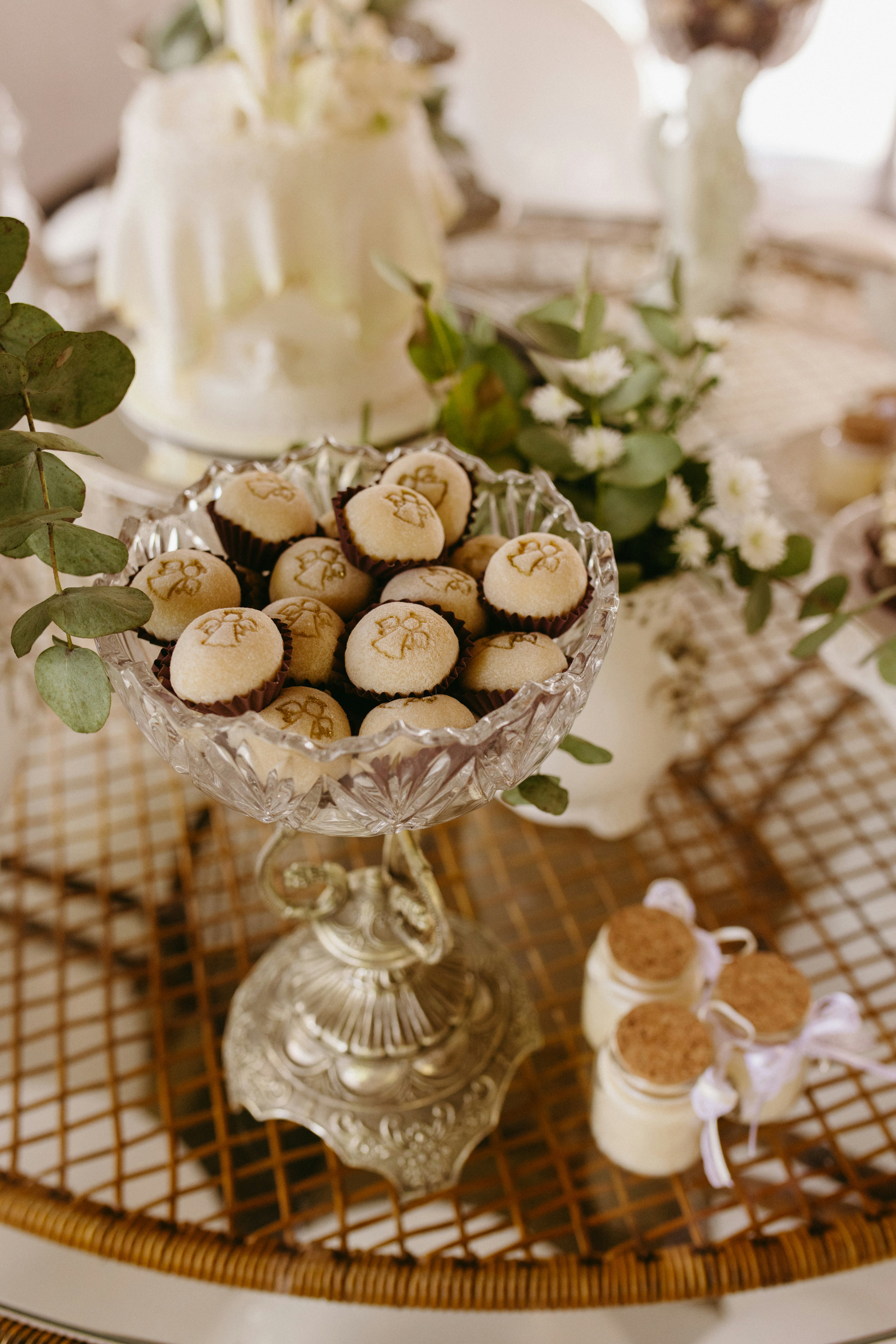 Crystal Stand of Sweet Circles: A Soft Focus Dessert Arrangement