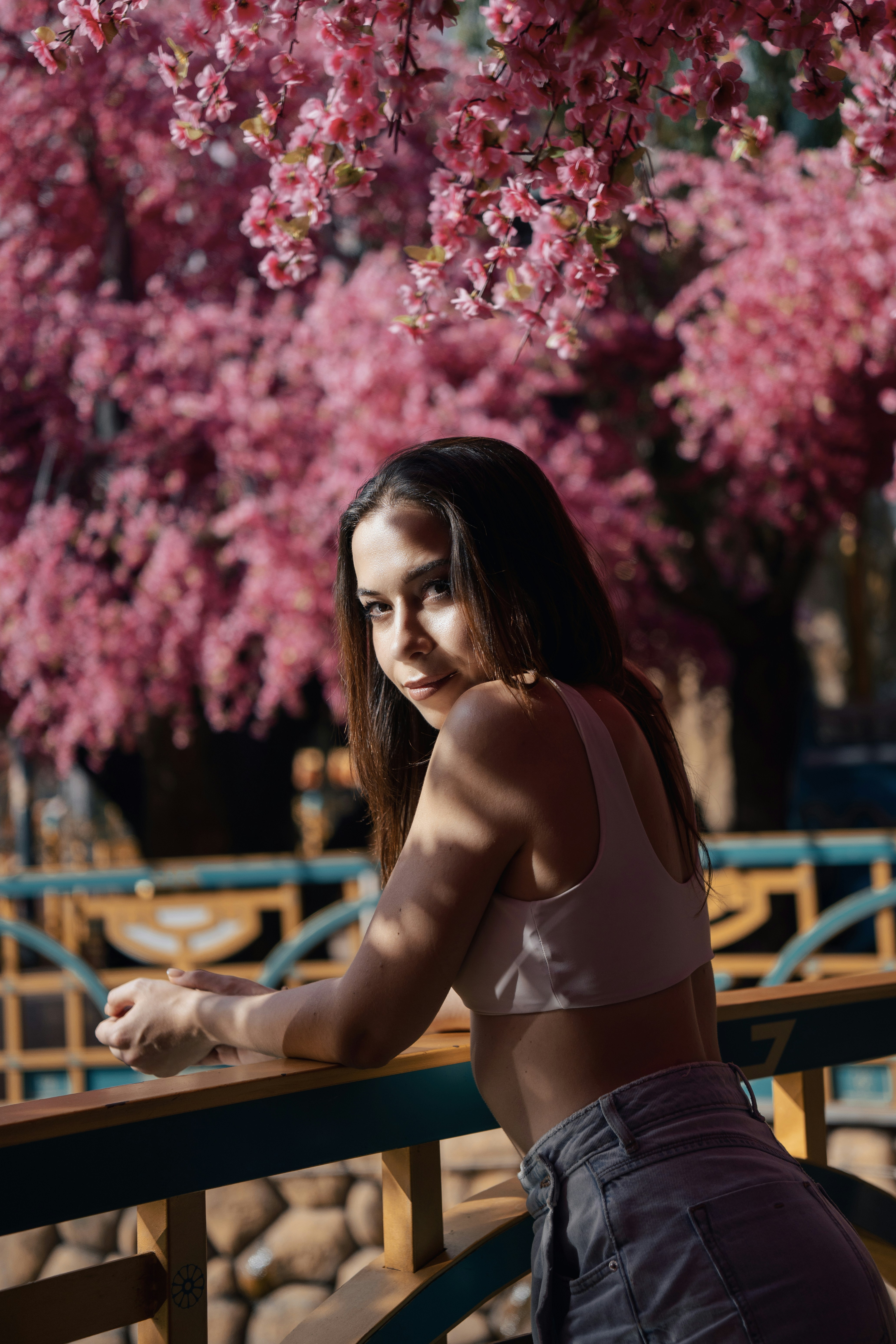 Sunlit Portrait Beneath Blush Blossoms