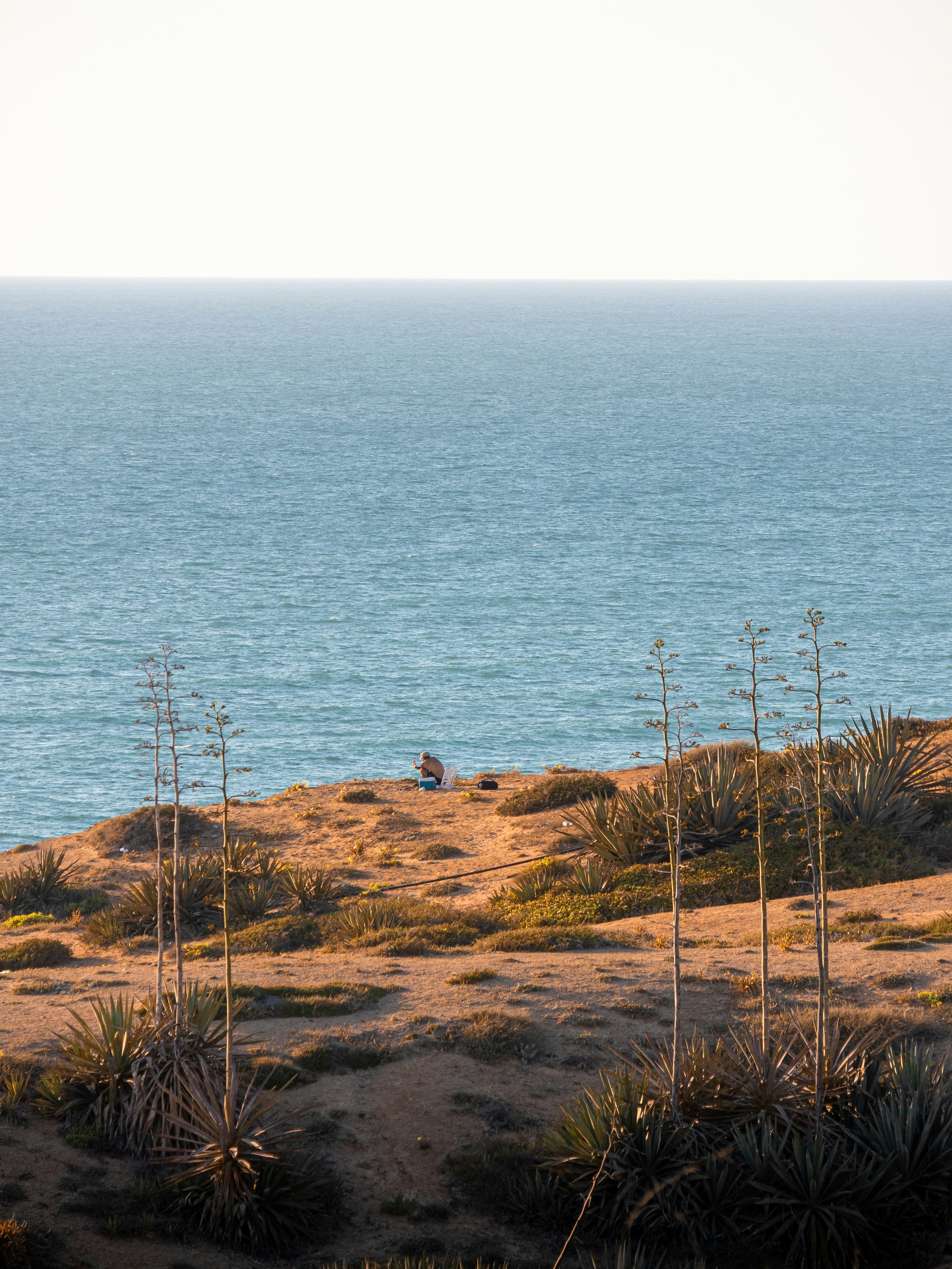 Person sits on sandy cliff above the blue ocean.