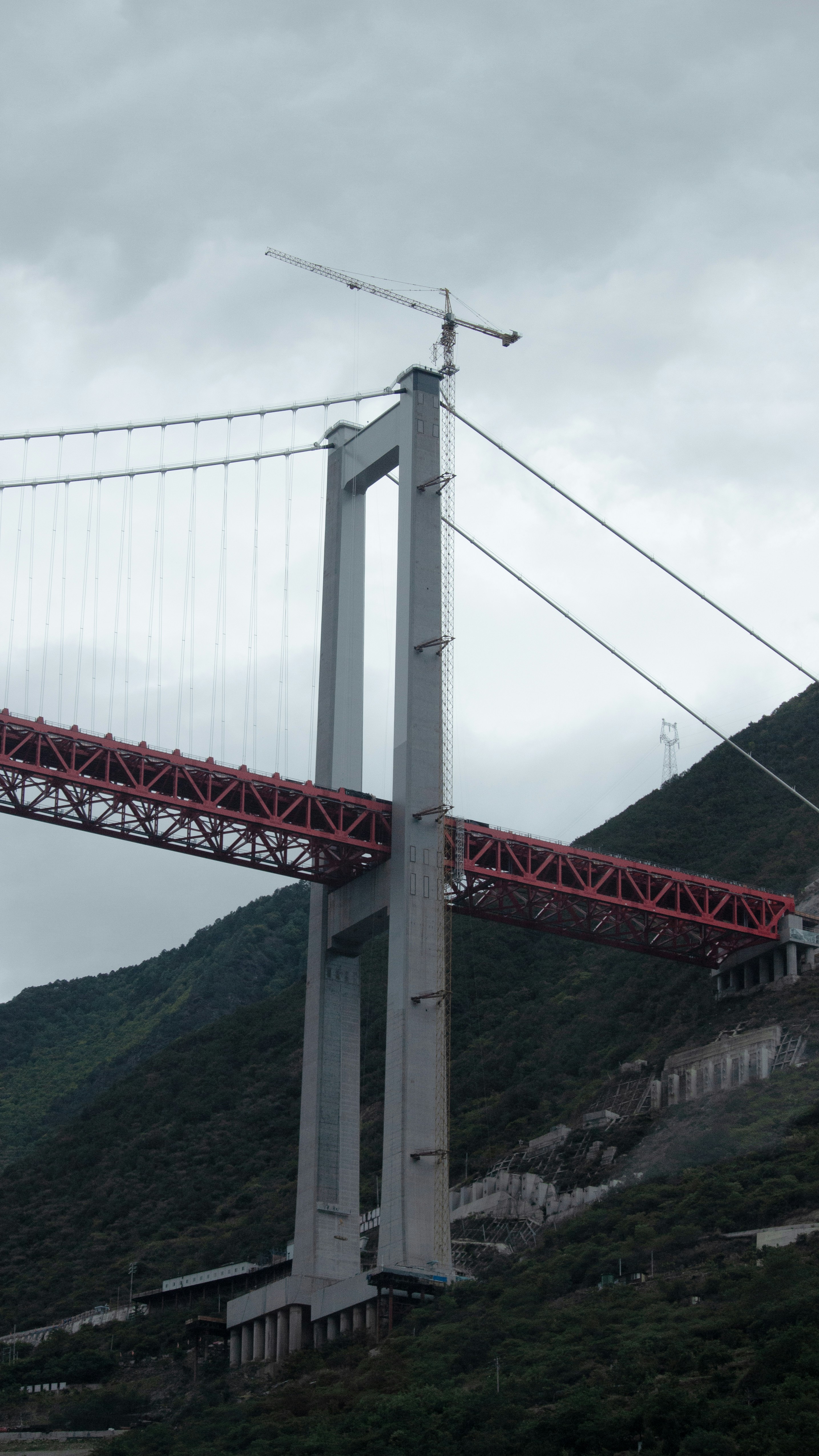 Crane Crowned Suspension Over a Mountain Arch