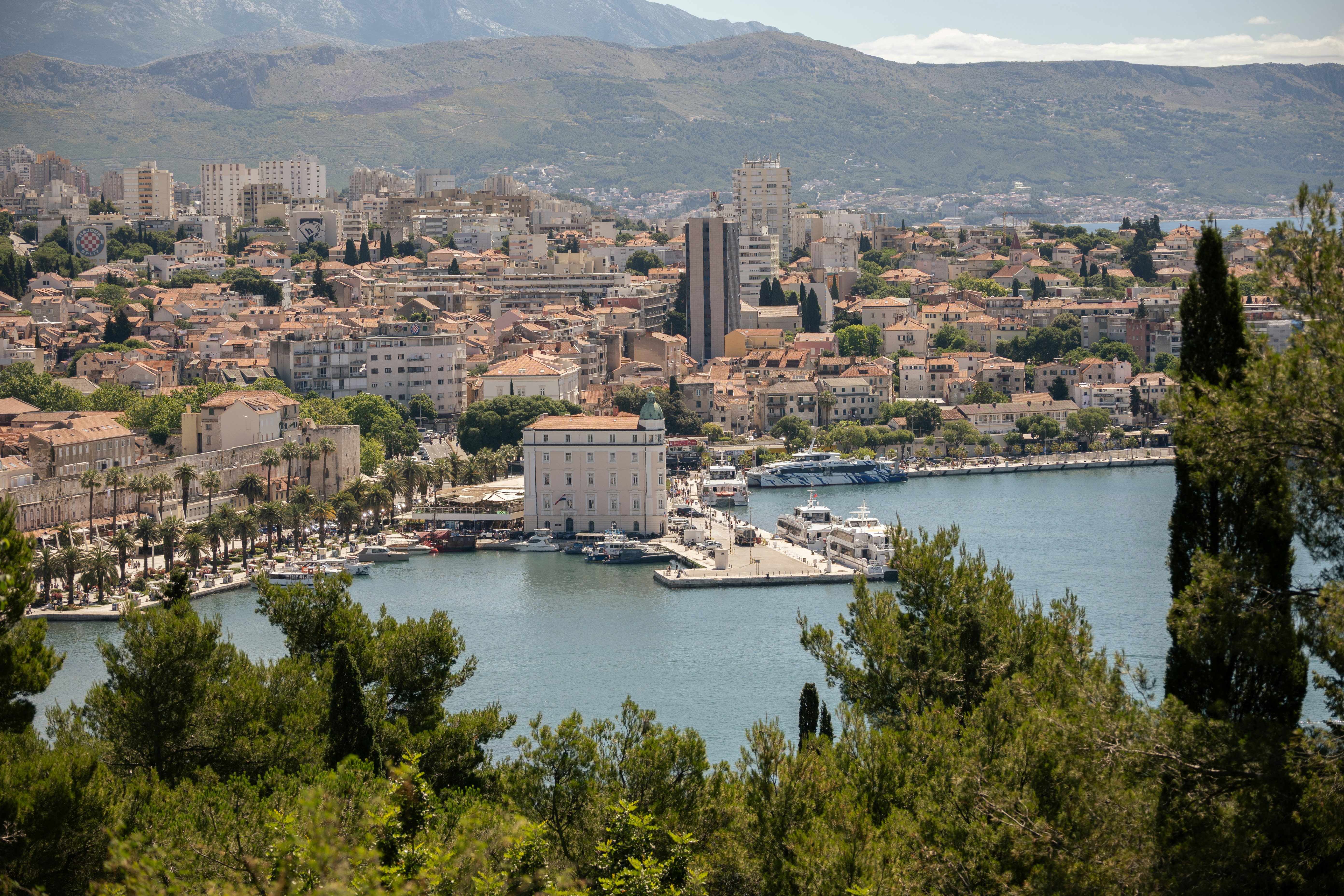 Harborfront Amid the Hills: A Mediterranean Town Framed by Trees