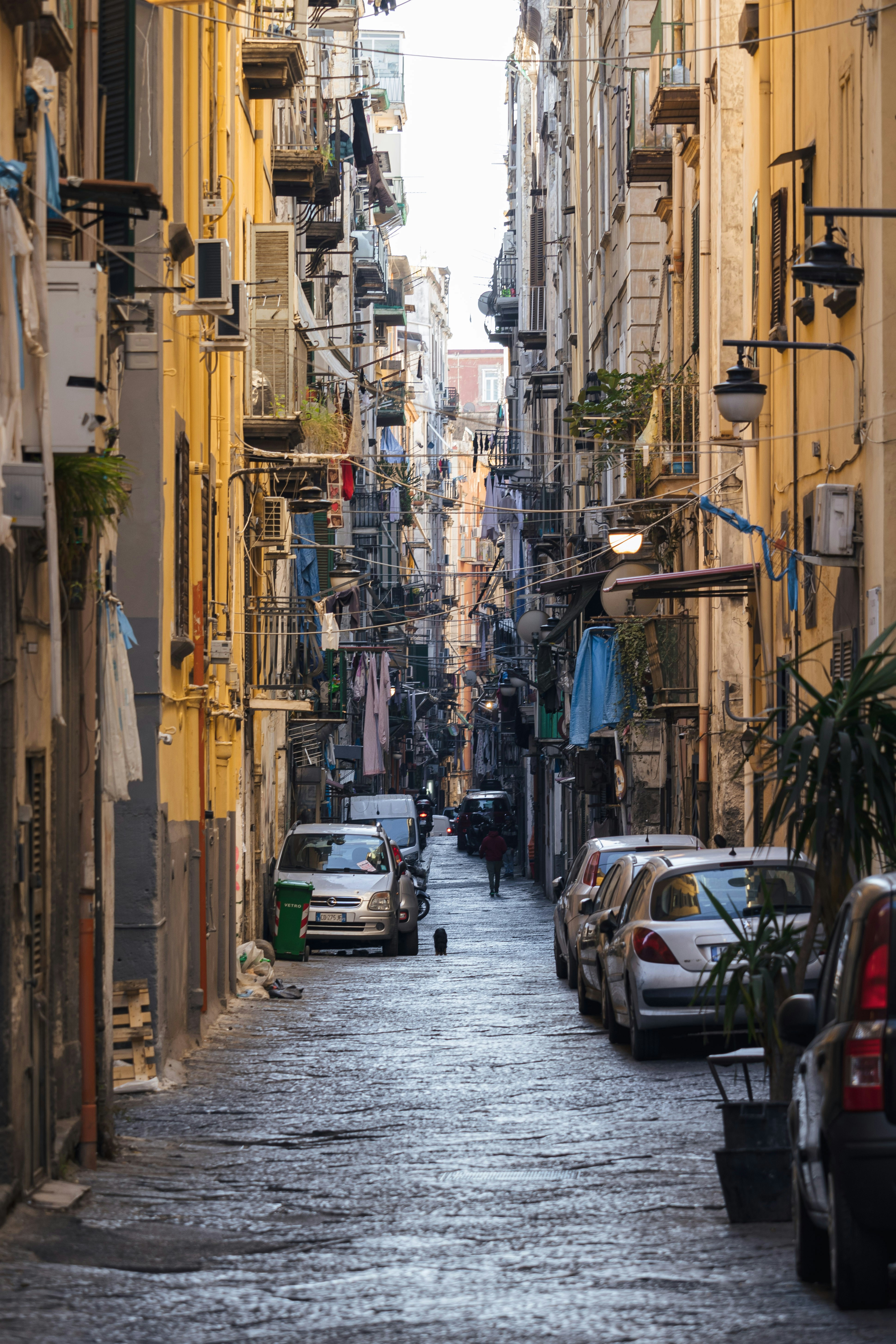 Narrow cobblestone street with tall buildings and parked cars.