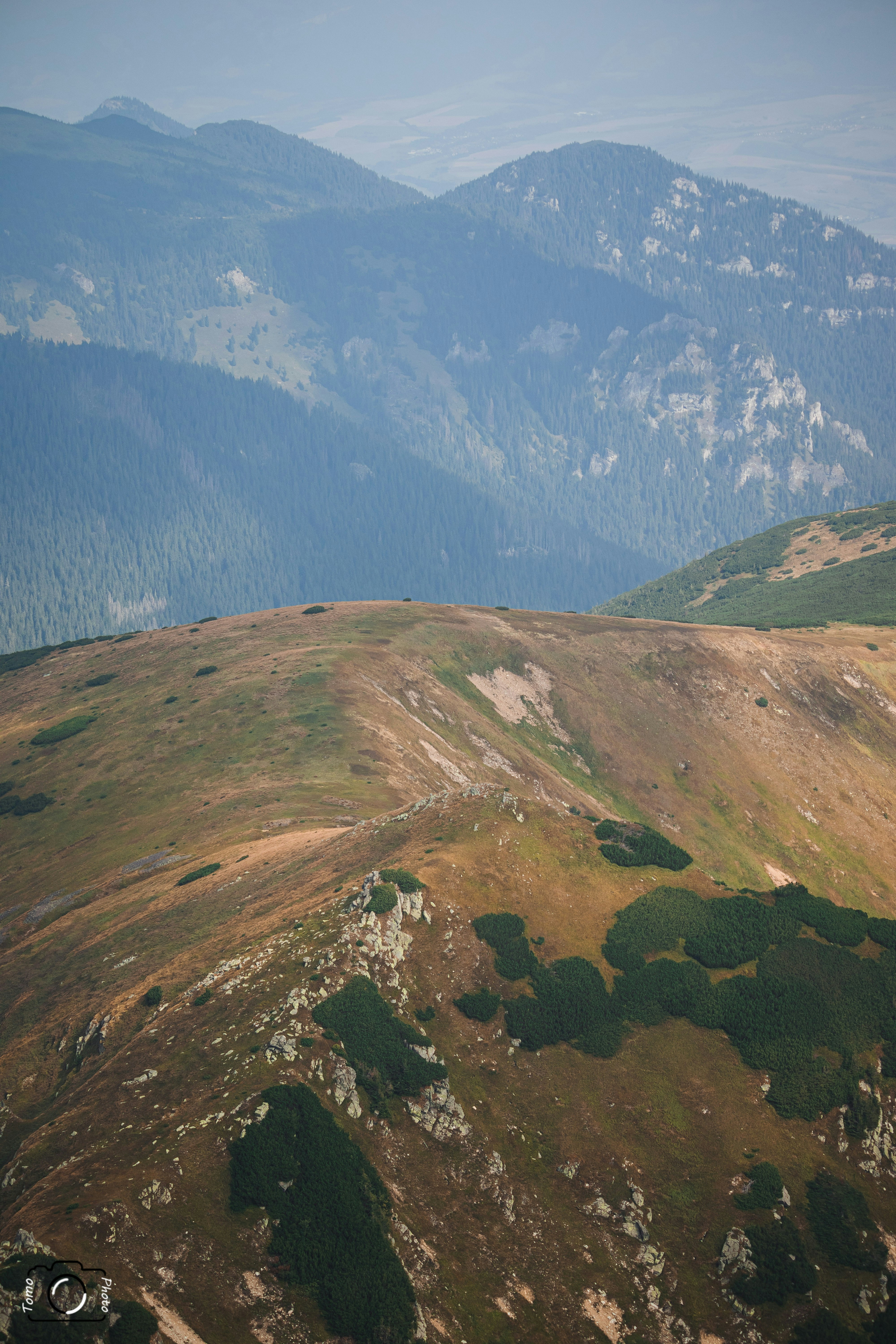 Along the ridge: sunlit alpine slope and distant blue mountains