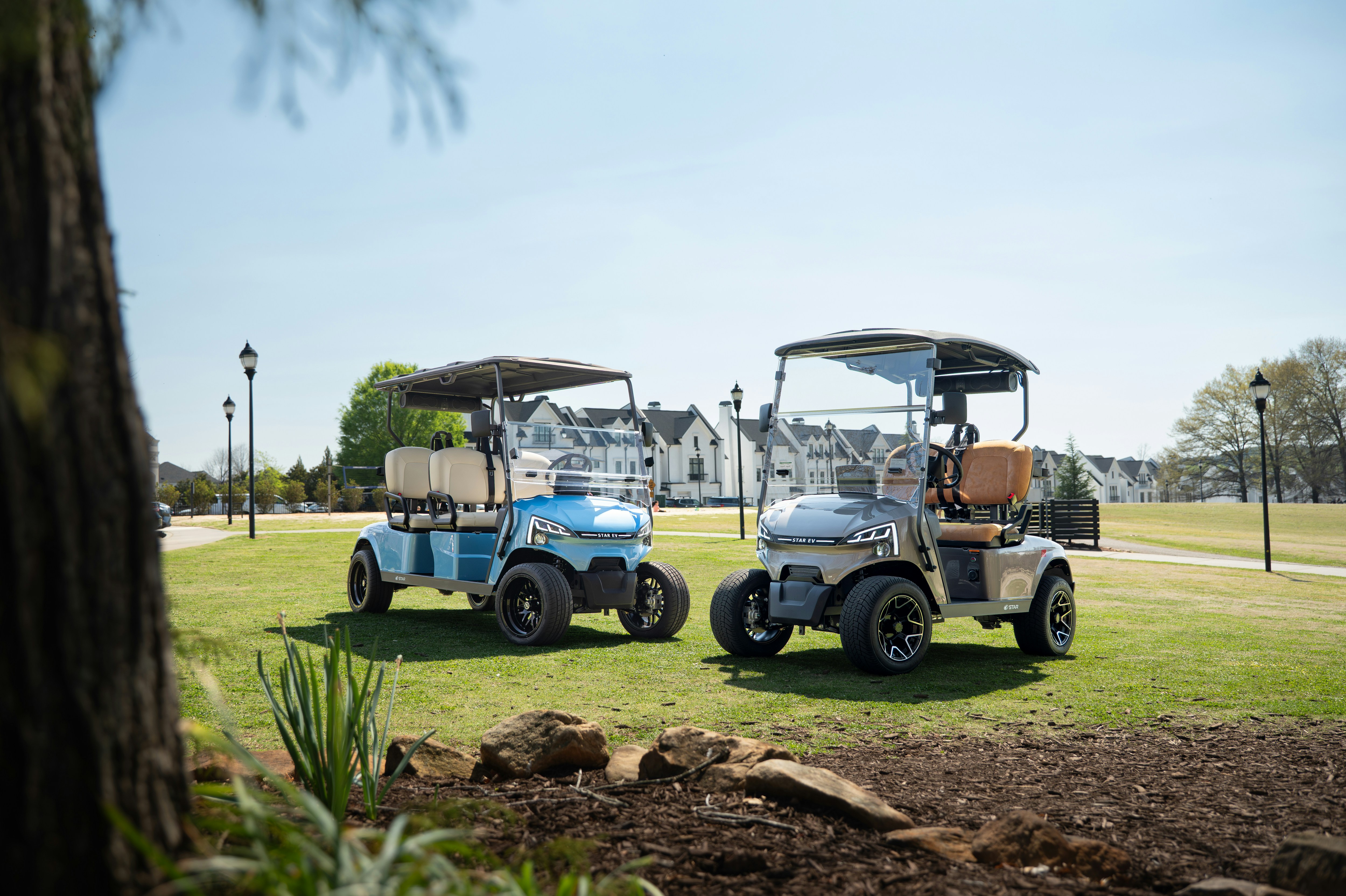Twin E-Golf Carts Guarded by Suburban Sunset