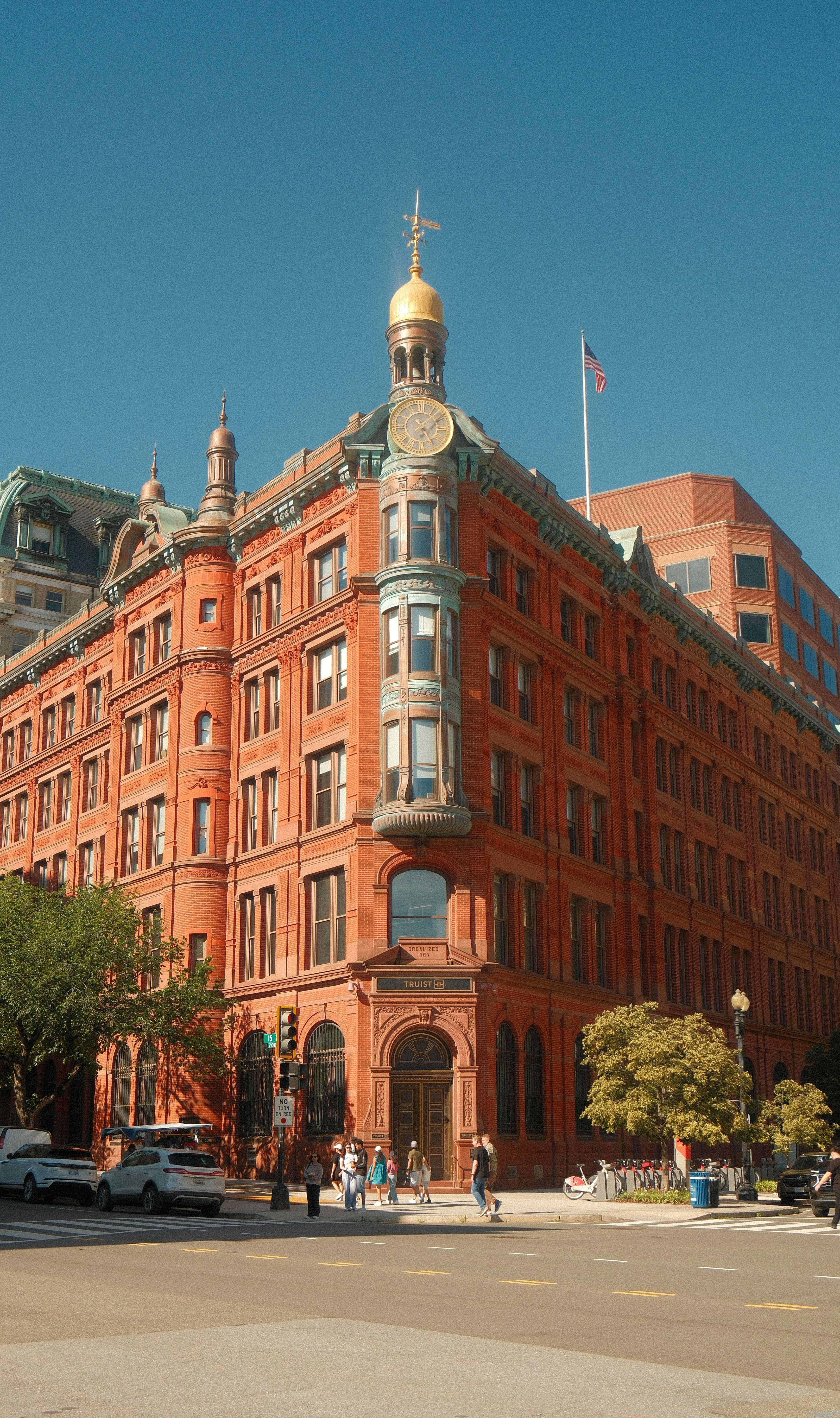 Red-brick City Hall Corner: An Amber Clock Tower Reaches for the Sky