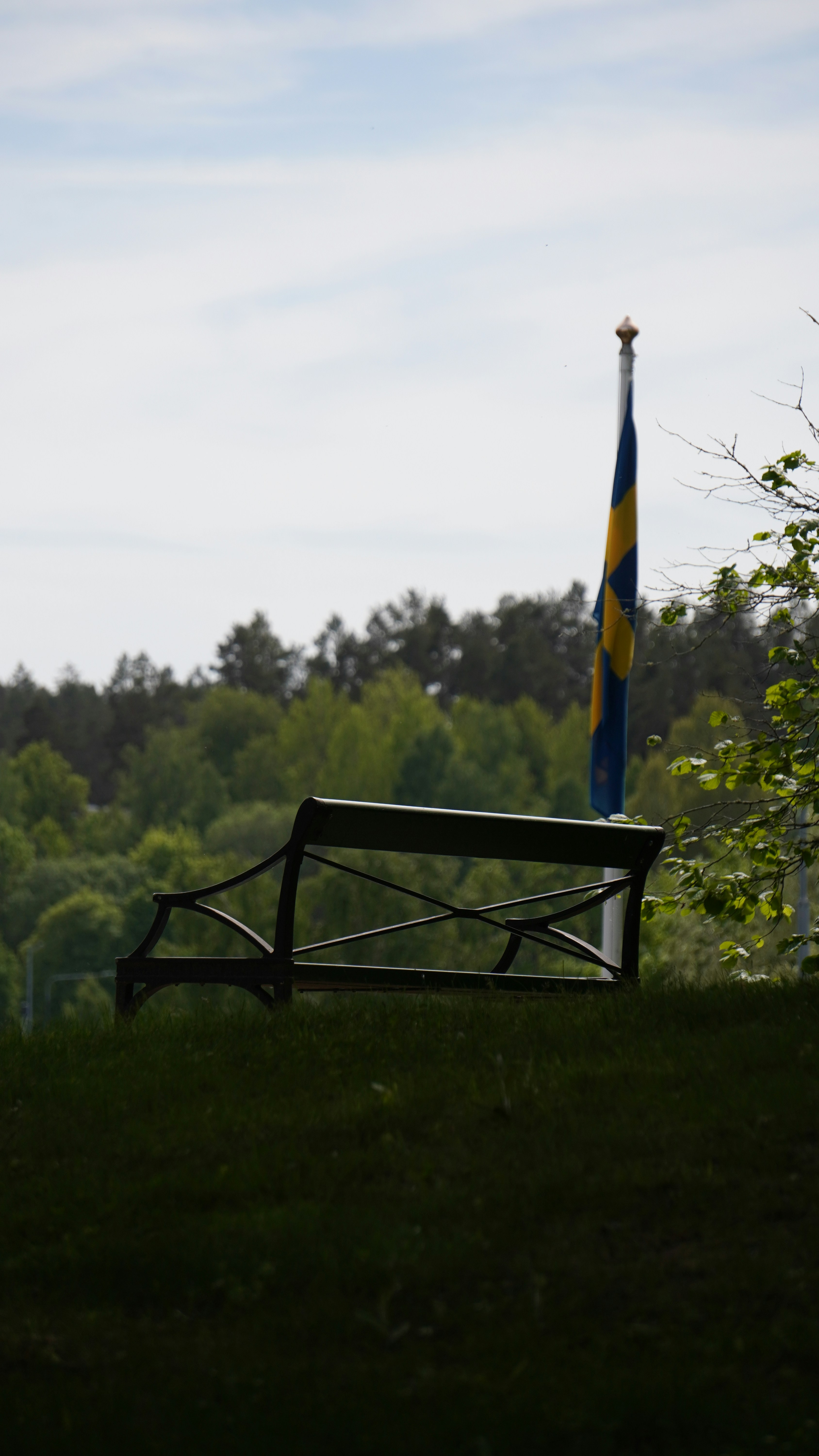 Quiet Park Bench under a Swallowtail Flag at Dusk