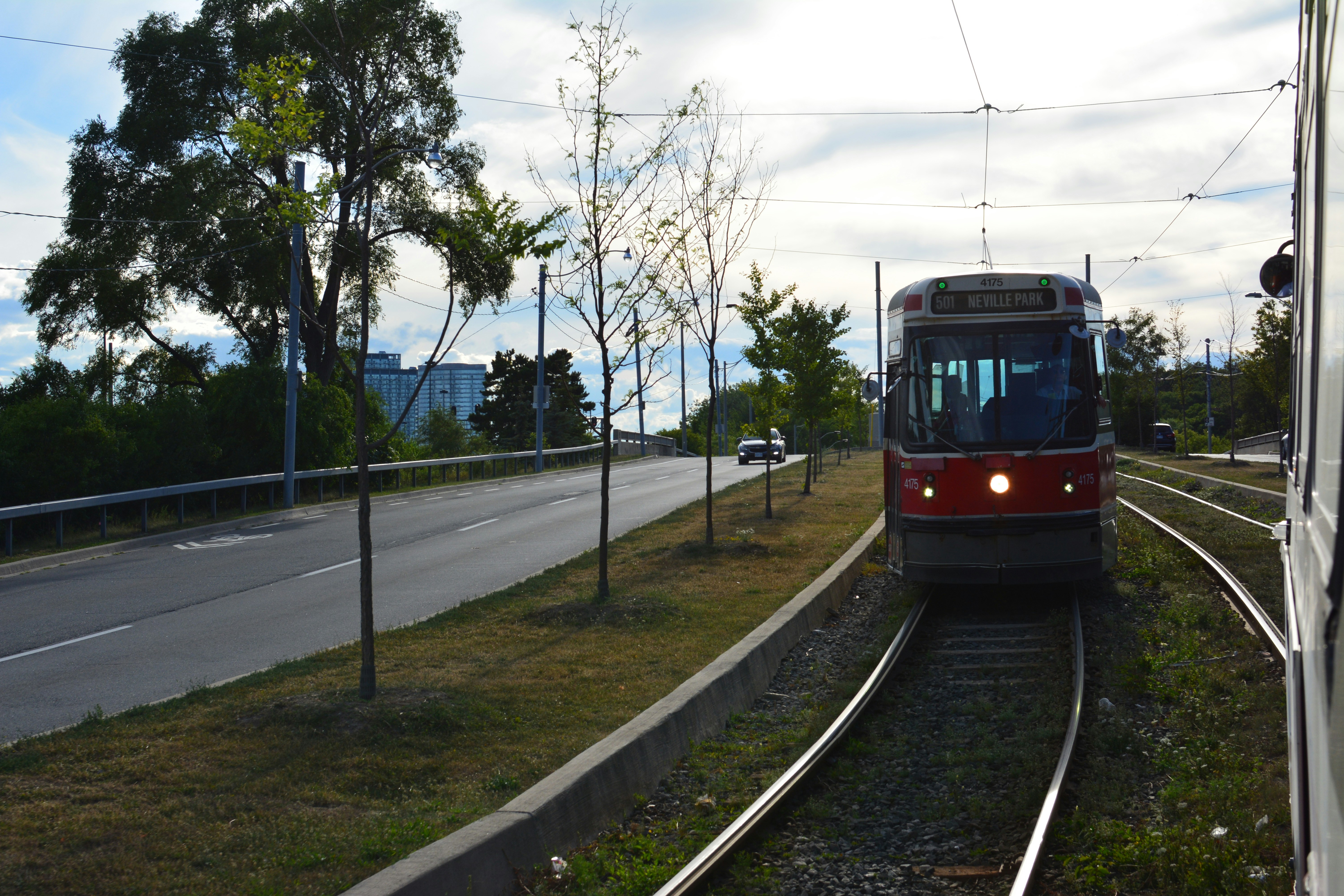 A classic streetscape in Toronto, Ontario, featuring an iconic red TTC ALRV streetcar operating on the 501 Neville Park line. The streetcar travels along a dedicated, curved track running parallel to a multi-lane roadway lined with young trees. The bright daylight is filtered by a dynamic, cloud-filled sky, casting soft shadows across the asphalt and grass medians. This scene captures a familiar moment in Canadian urban transit, blending the city's historic public transportation system with its surrounding green corridors.