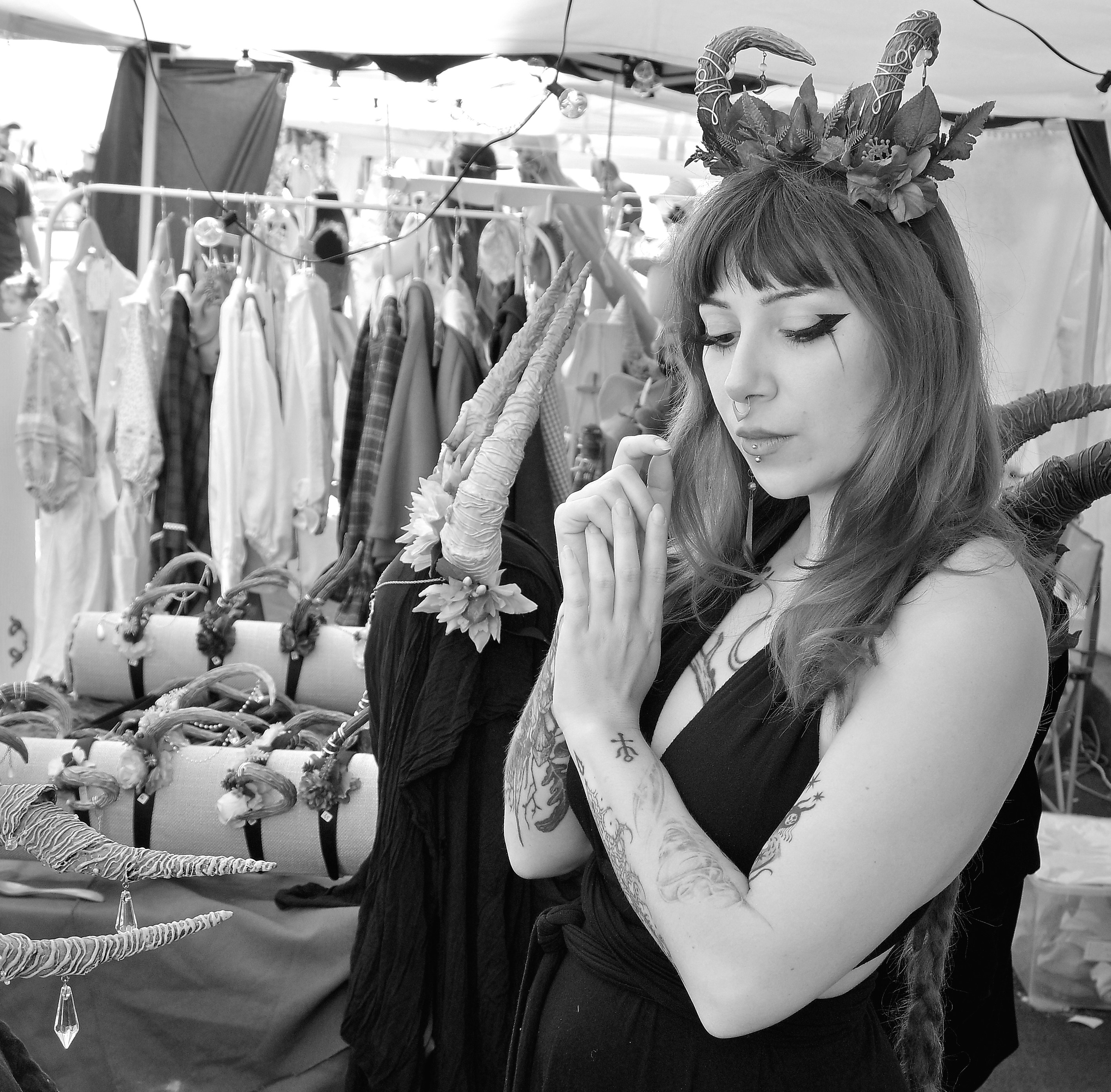 Flower Crown and Horns: Market Muse in Monochrome Charms