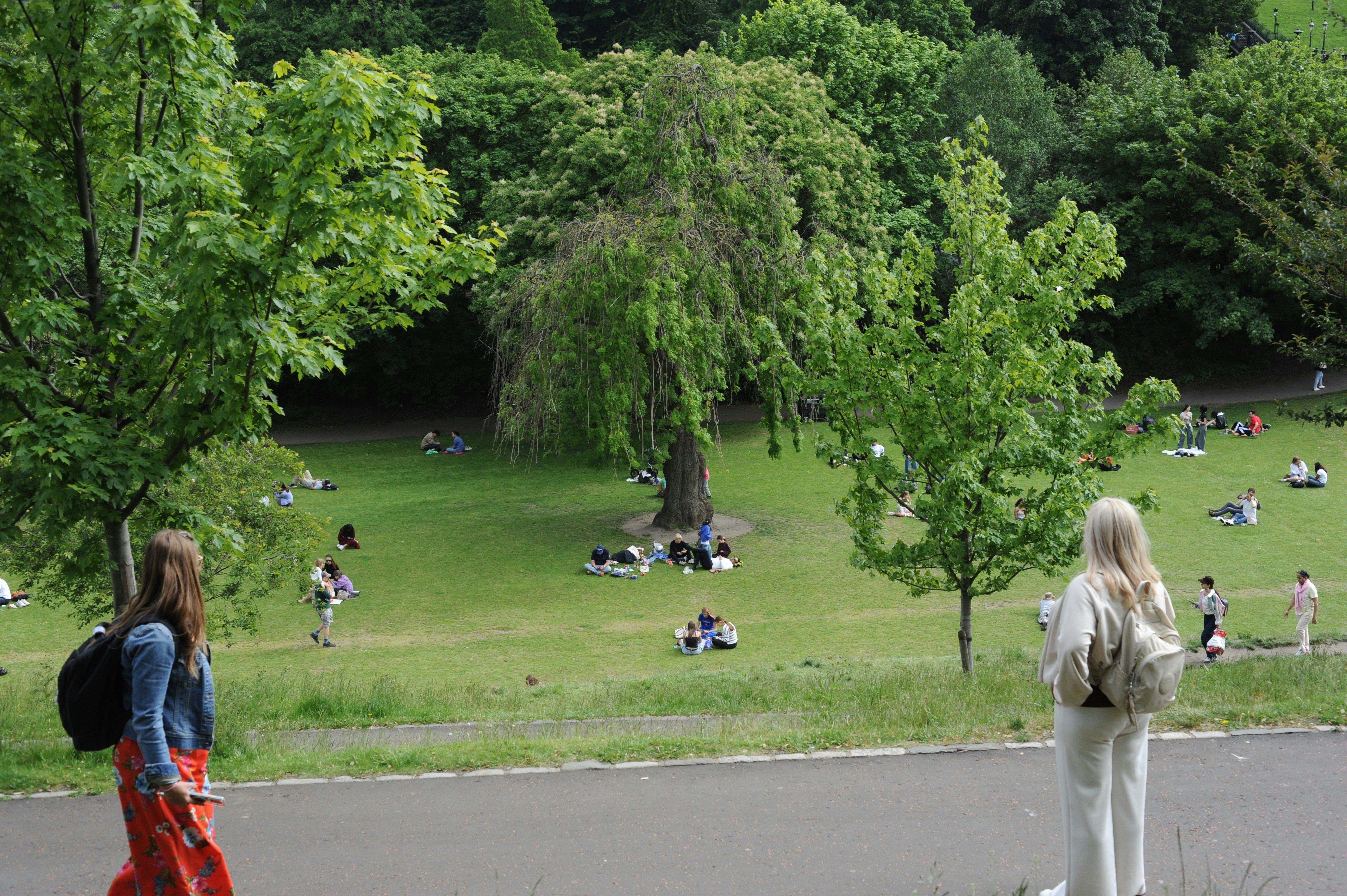 Two pedestrians in a sunlit city park watch the distant lawn beyond