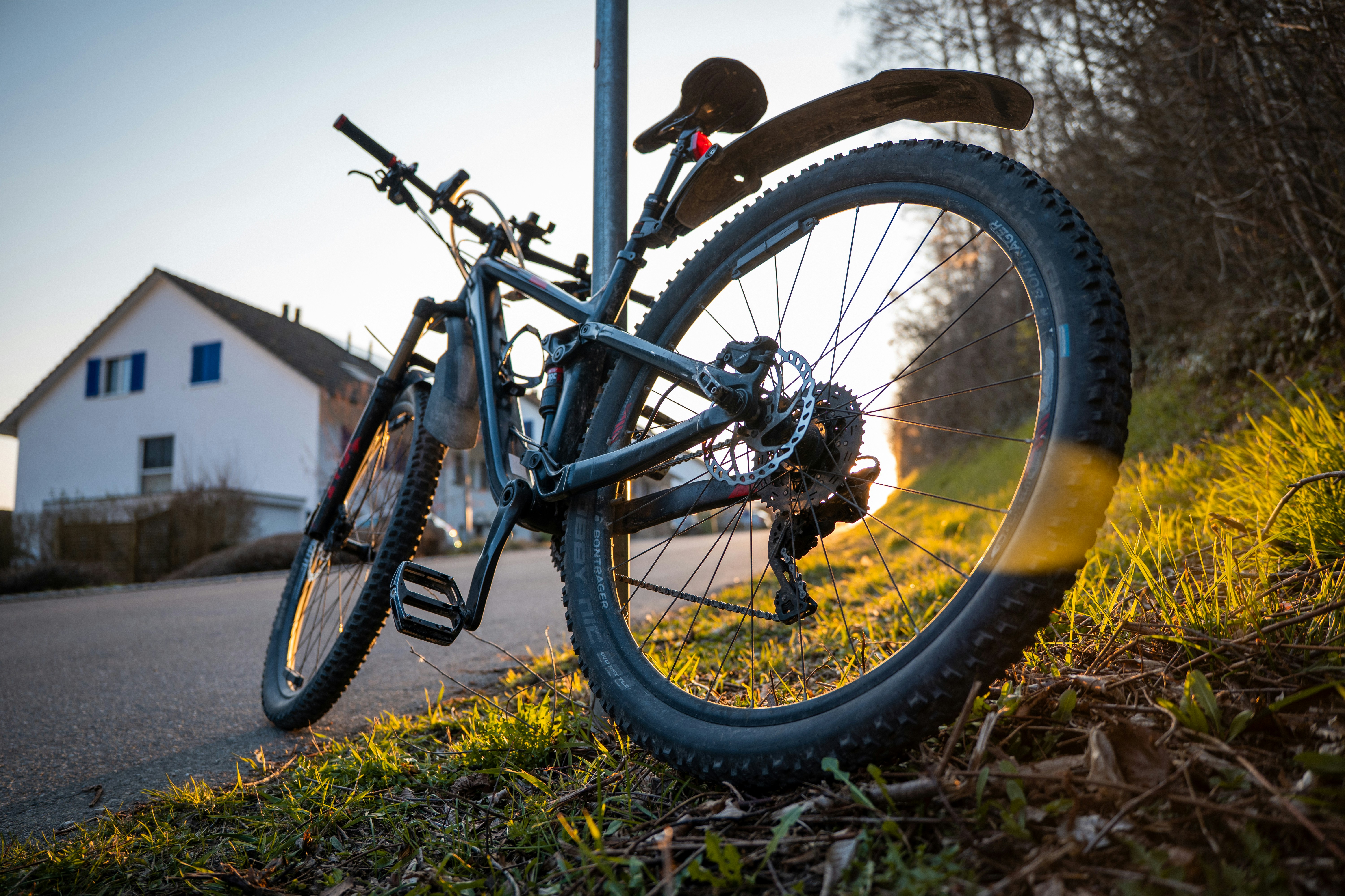 Low Sun, High Grip: A Mountain Bike Resting on a Back Road