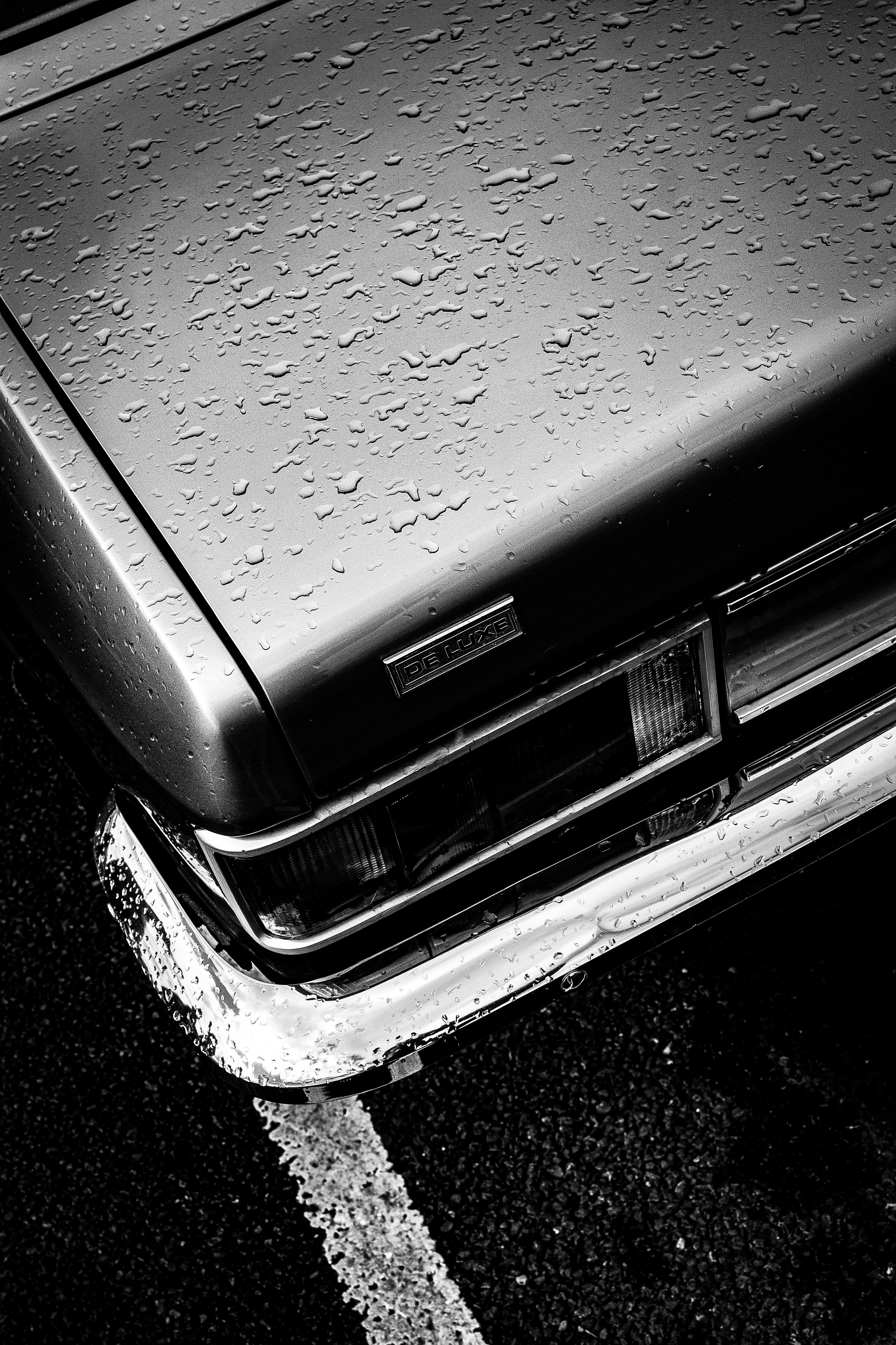 Rain-kissed Buick: A Monochrome Close on a Wet Hood