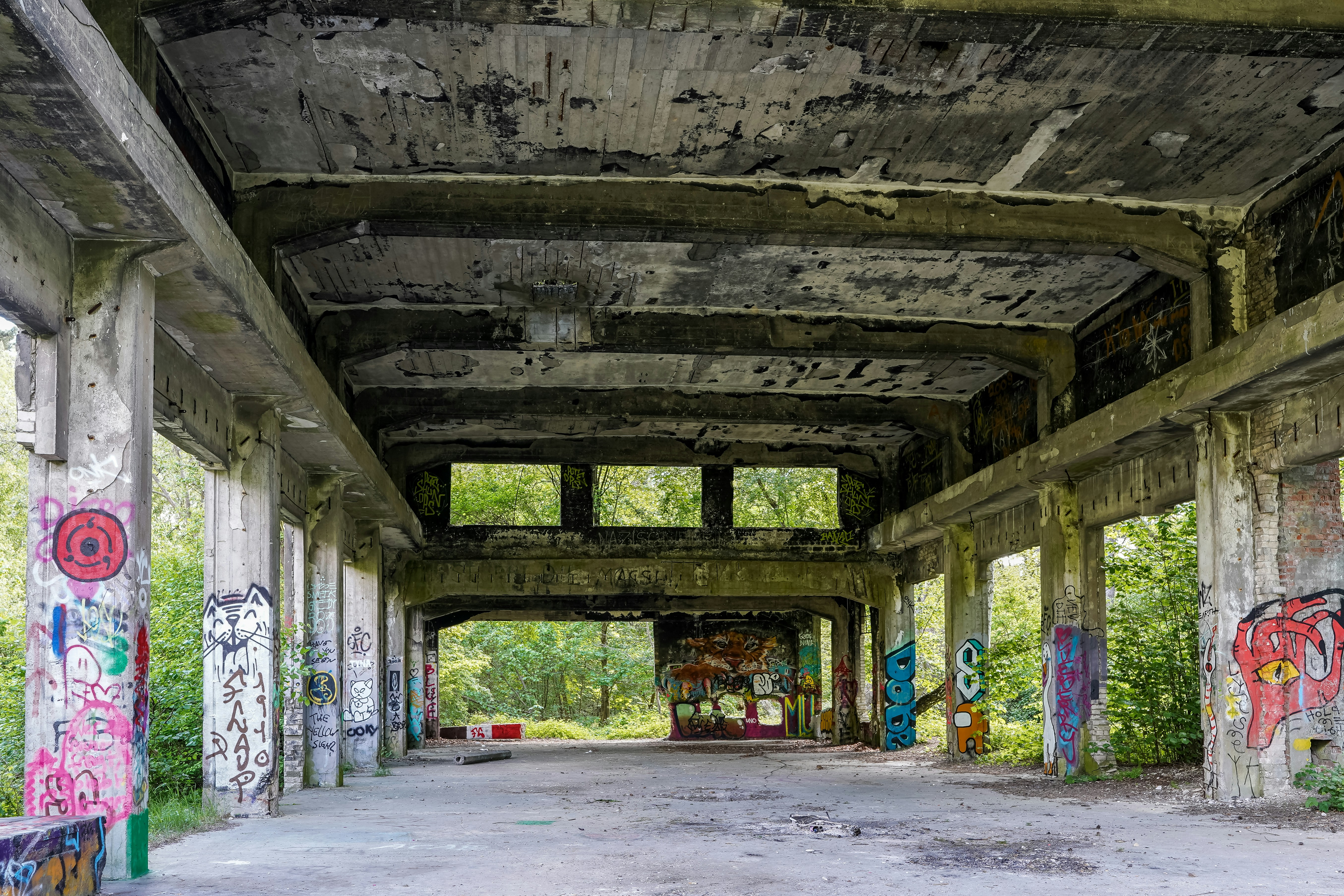 Graffiti-Soaked ruin: light filters through a concrete hall of memory