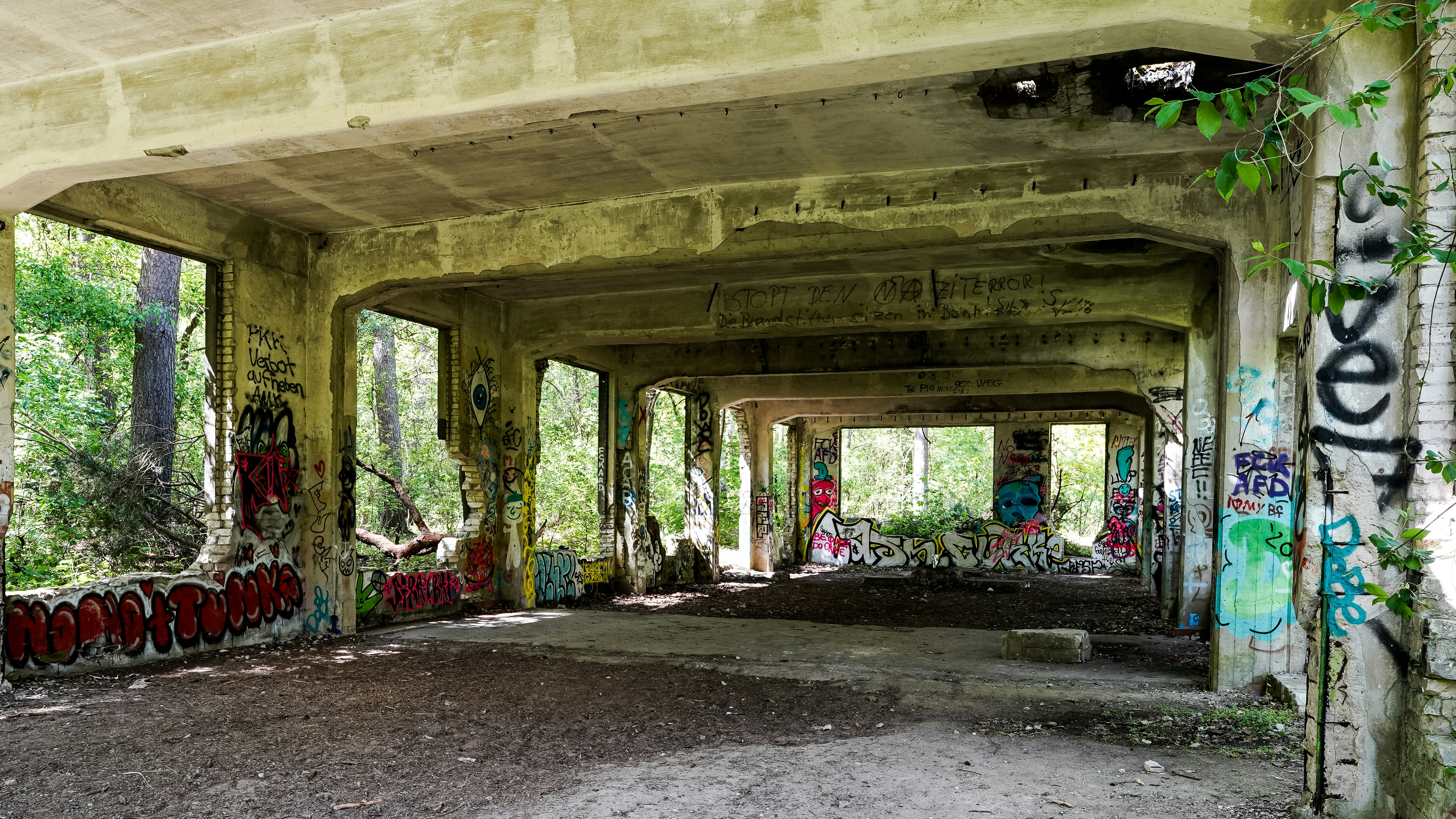 Graffiti Corridor: A Sunlit Run Through an Abandoned Concrete Arcade