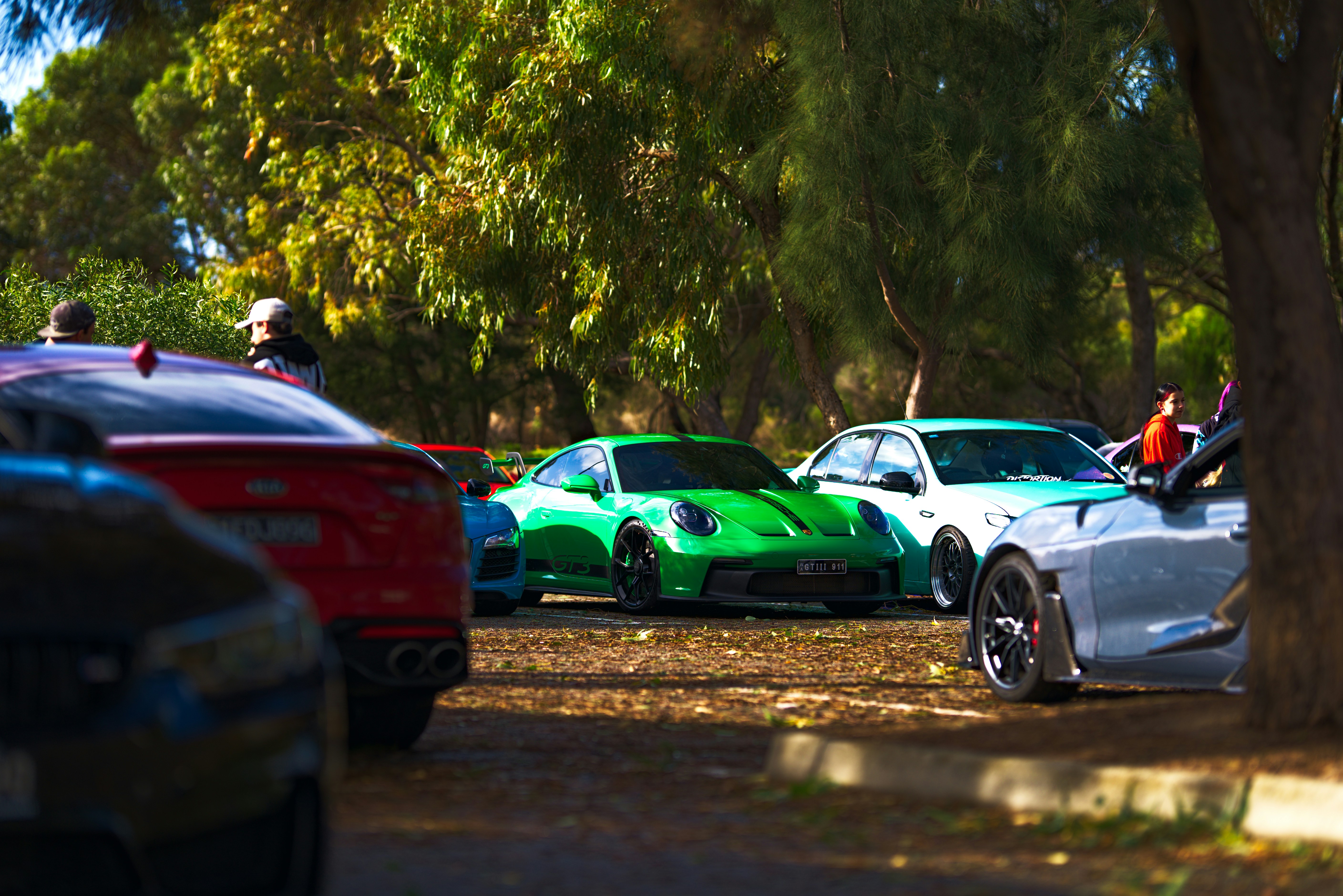 Emerald Porsche Parade: A Row of Vibrant Green Machines in Shade