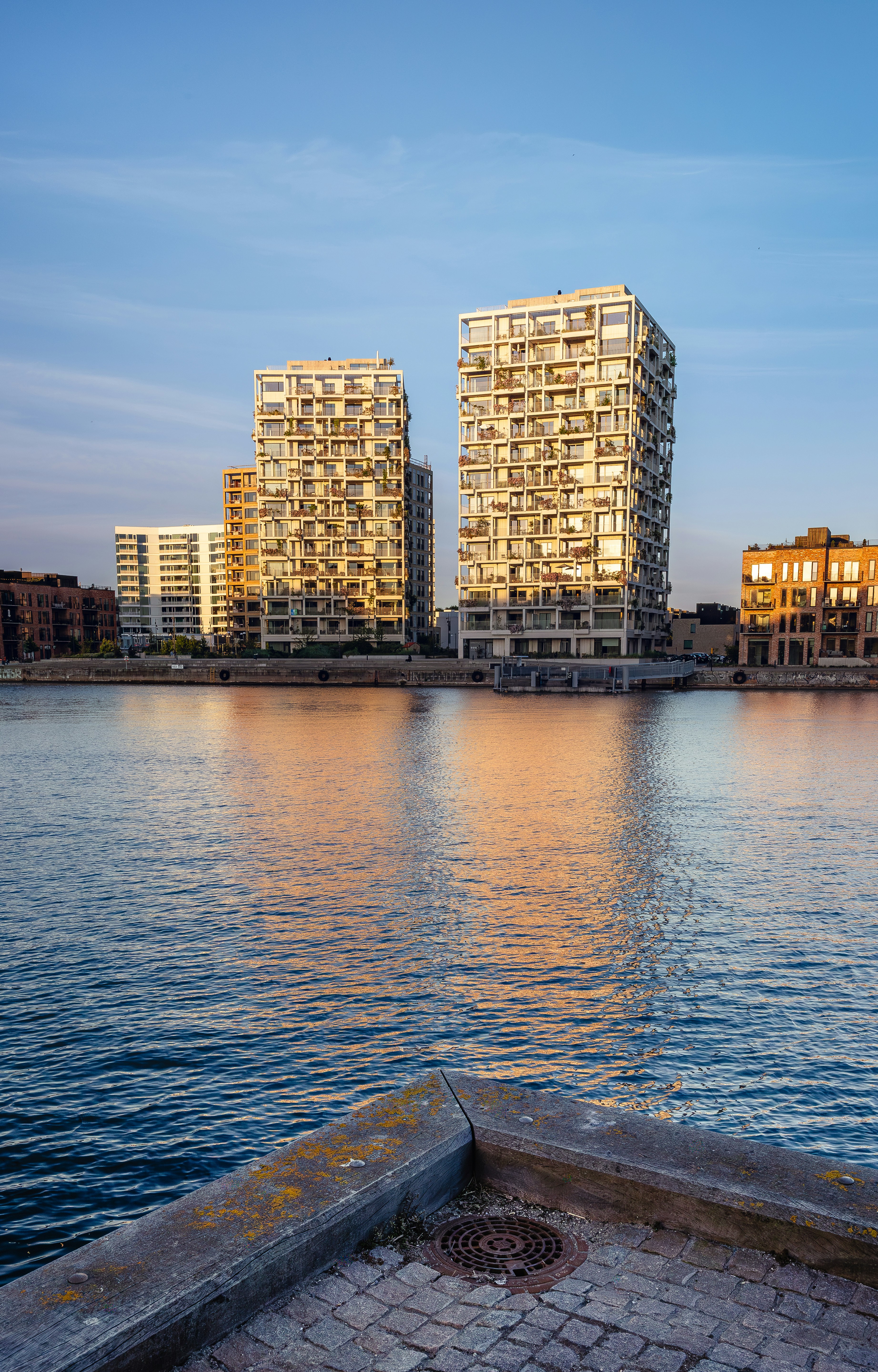 Twinned Towers by the Waterfront at Golden Hour