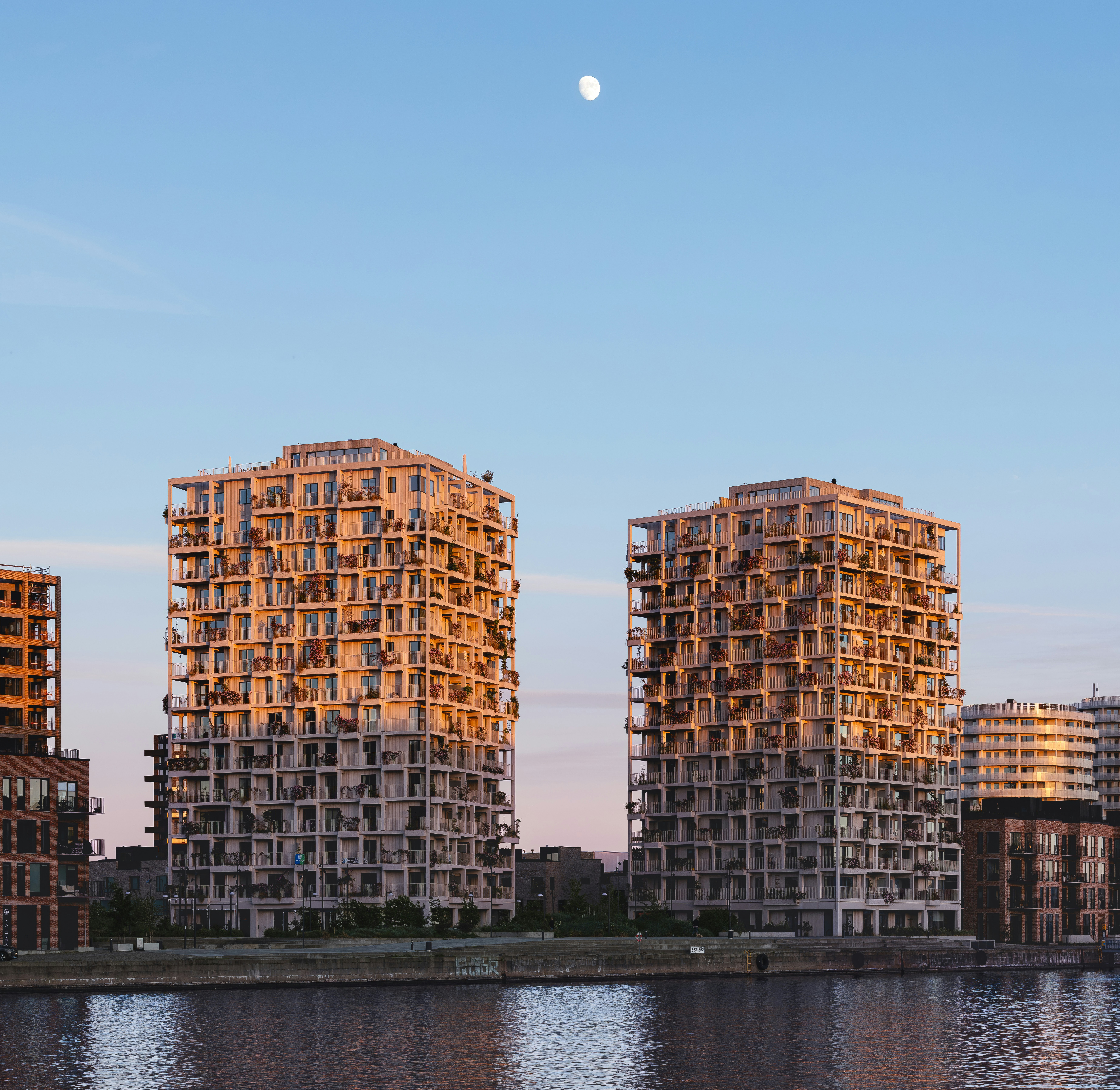 Twin Towers by the River at Golden Hour