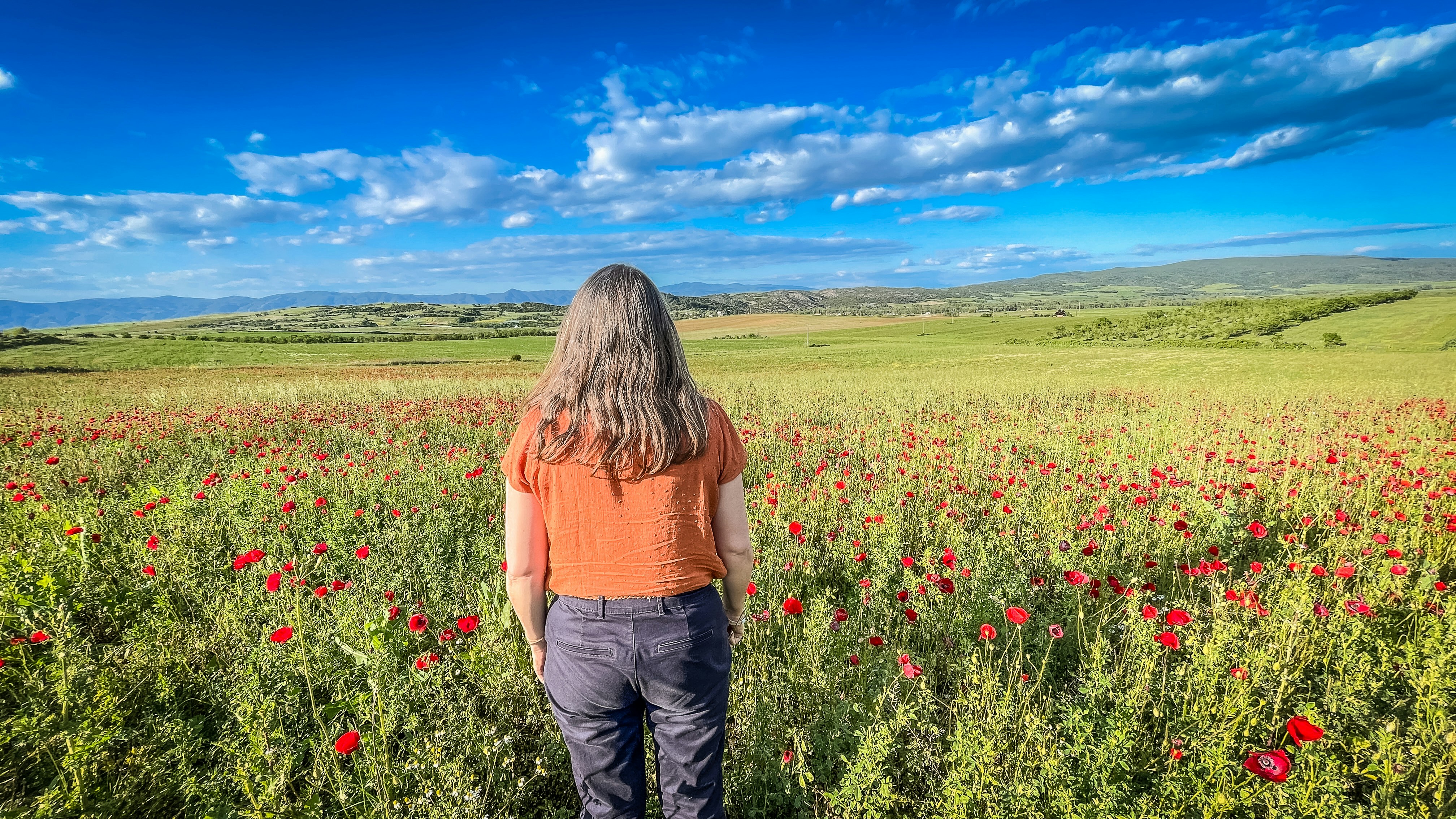 Woman in orange blouse standing in a wildflower field toward a distant horizon