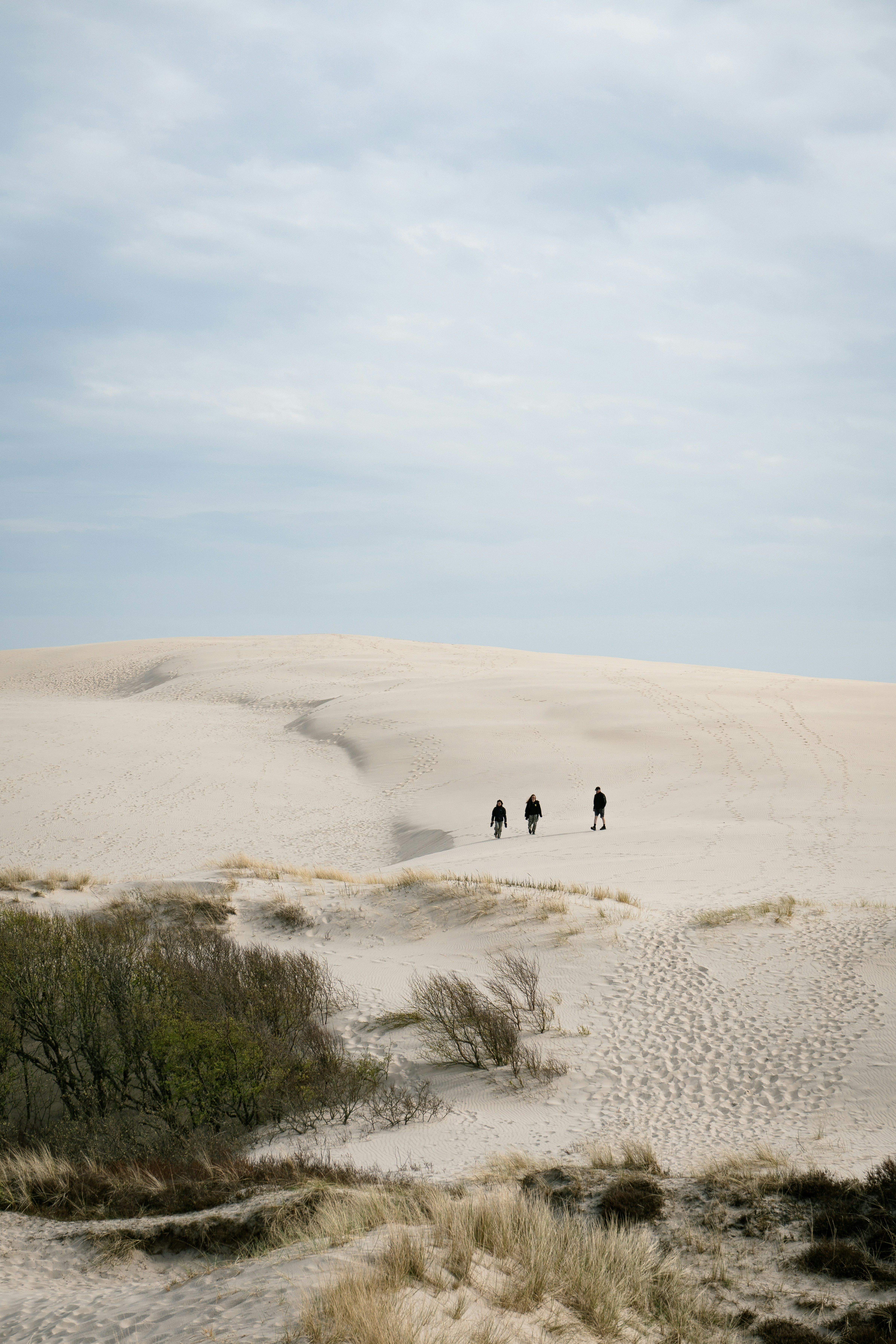 Desert Walk: A Trio Traverses the Dunes Under Quiet Skies