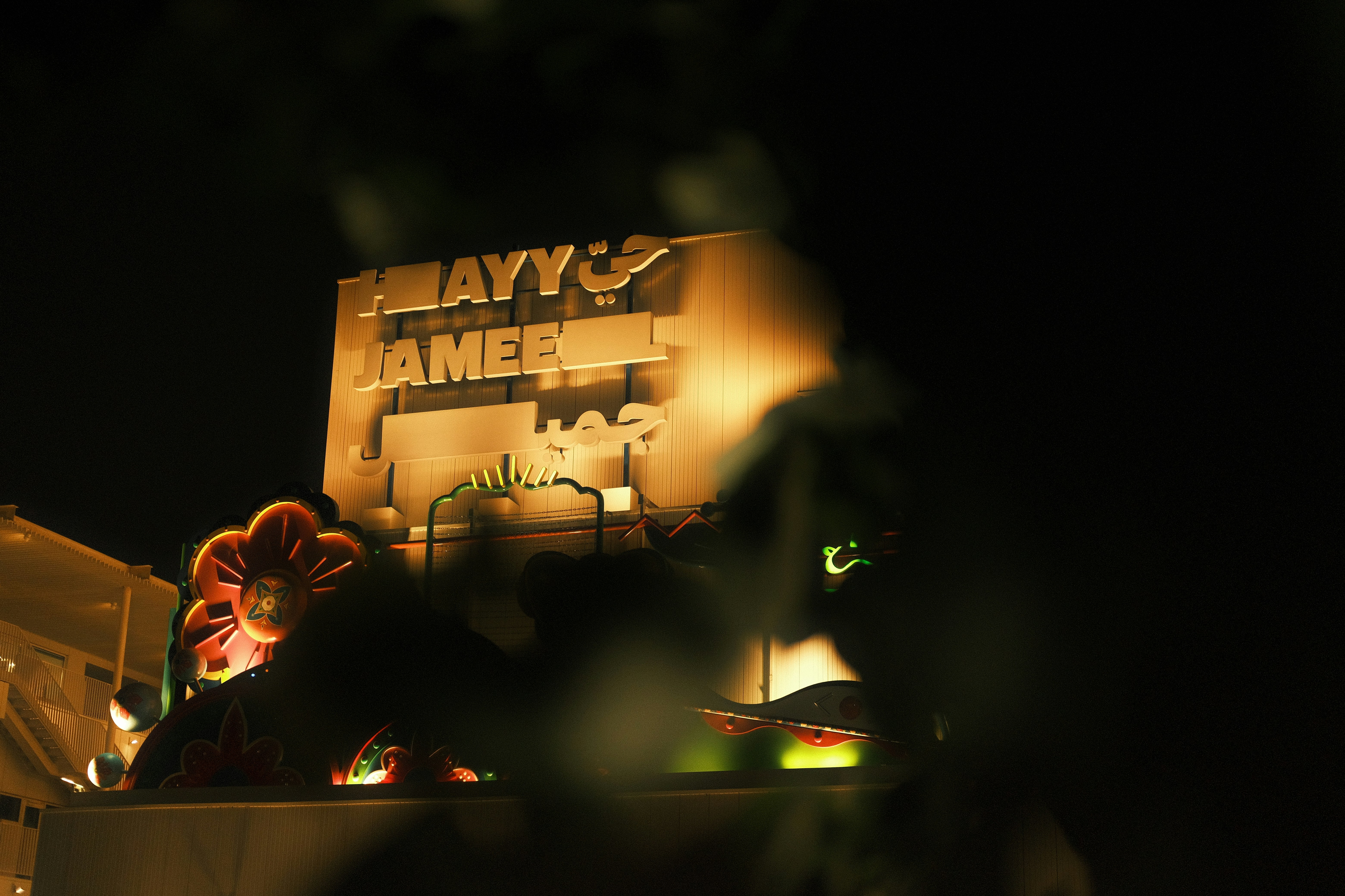 Night Carnival Sign Illuminated Through Blur and Bokeh