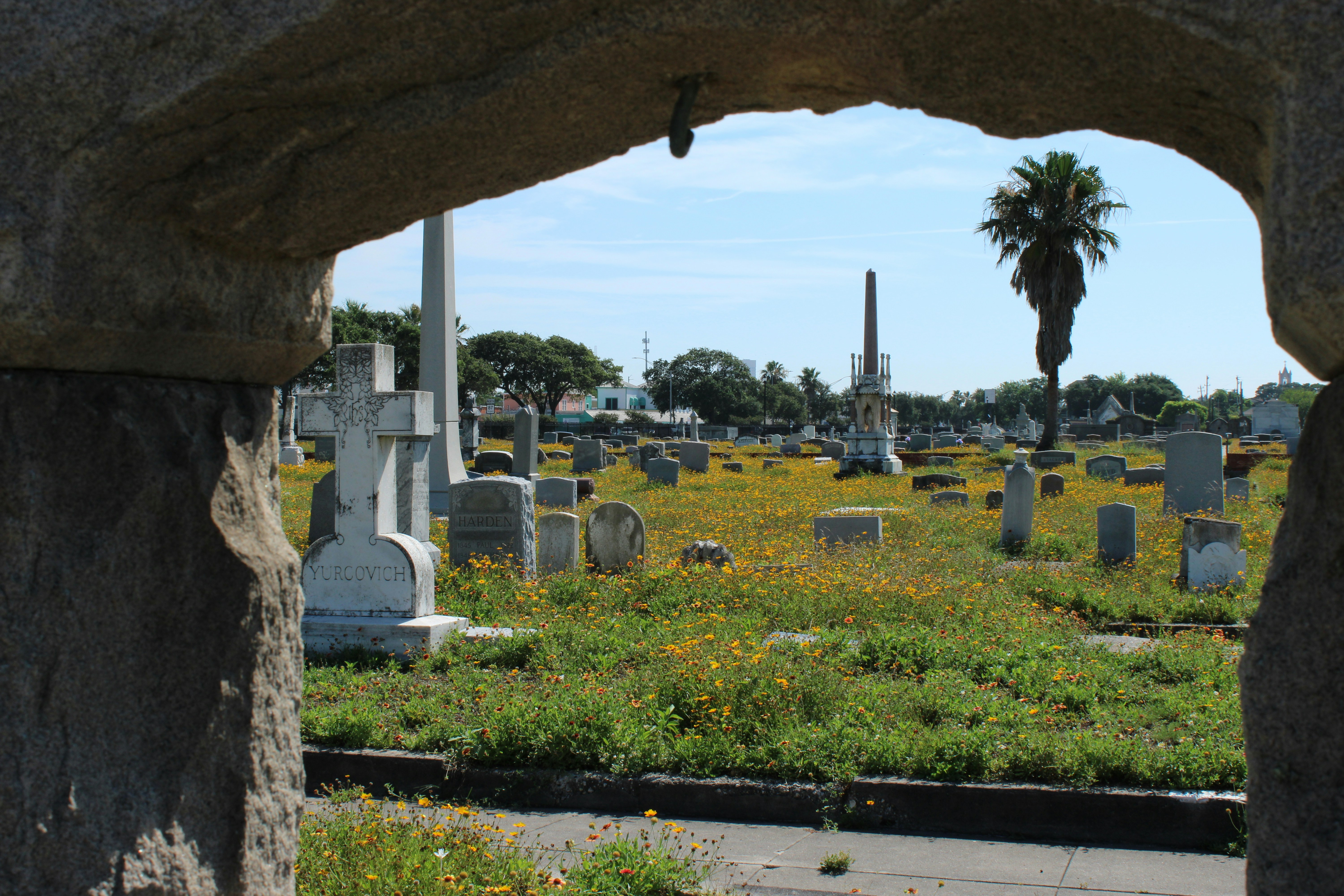 View Through the Stone Arch into a Cemetery in Bloom