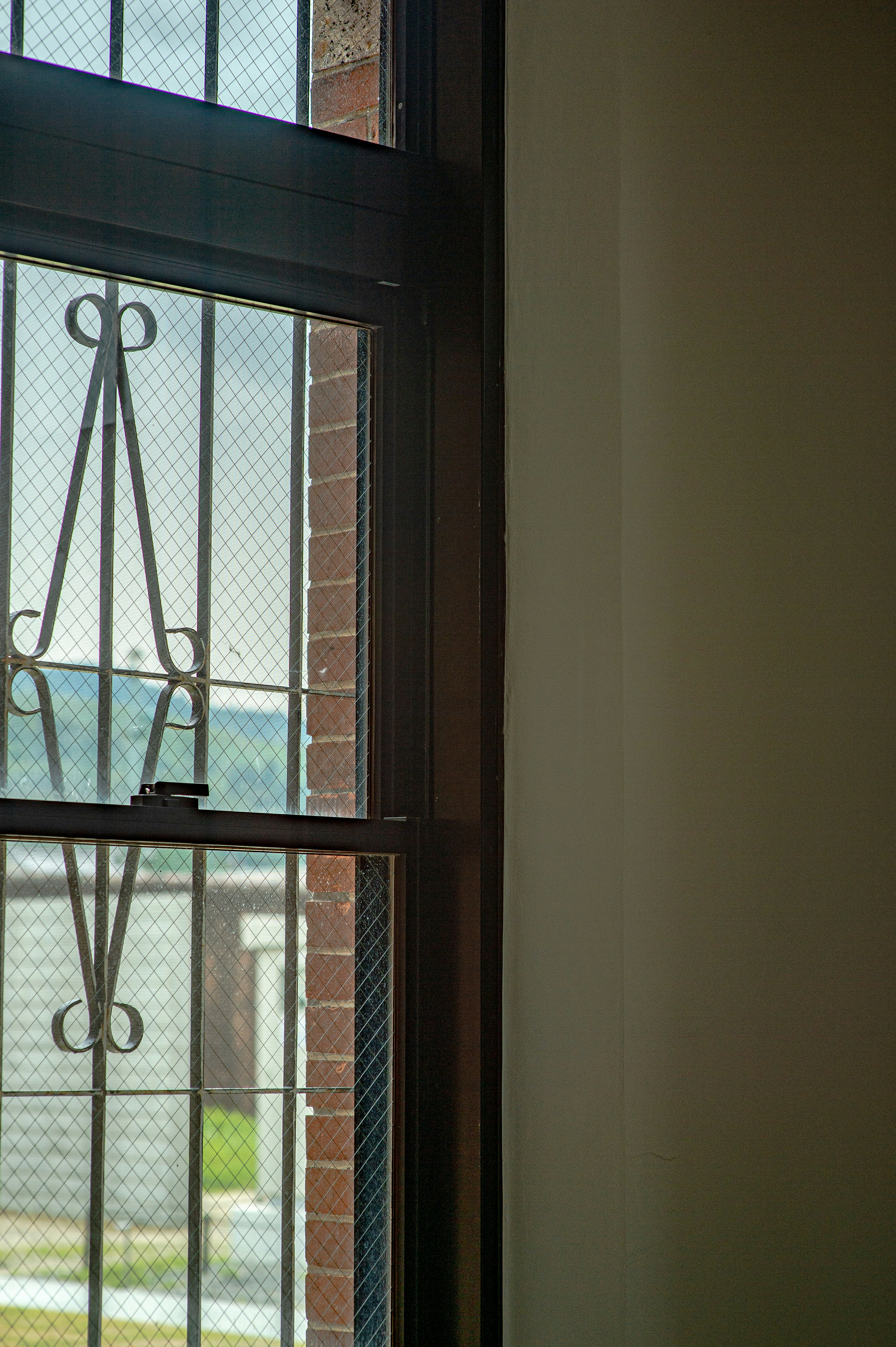 Window Grille Portrait: Light, Brick, and Steel