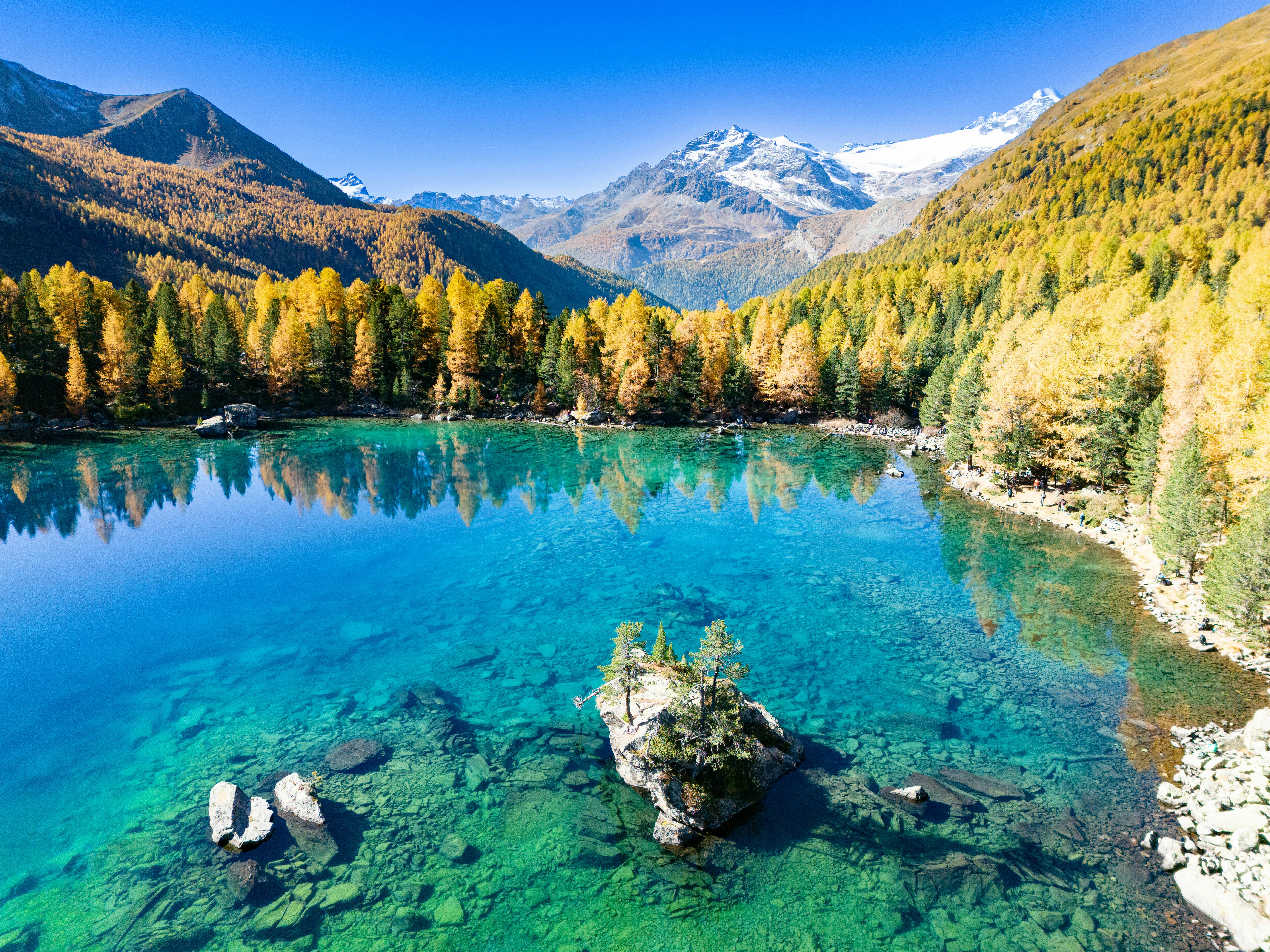 Emerald Lake Rings the Golden Forests Under Alpine Peaks