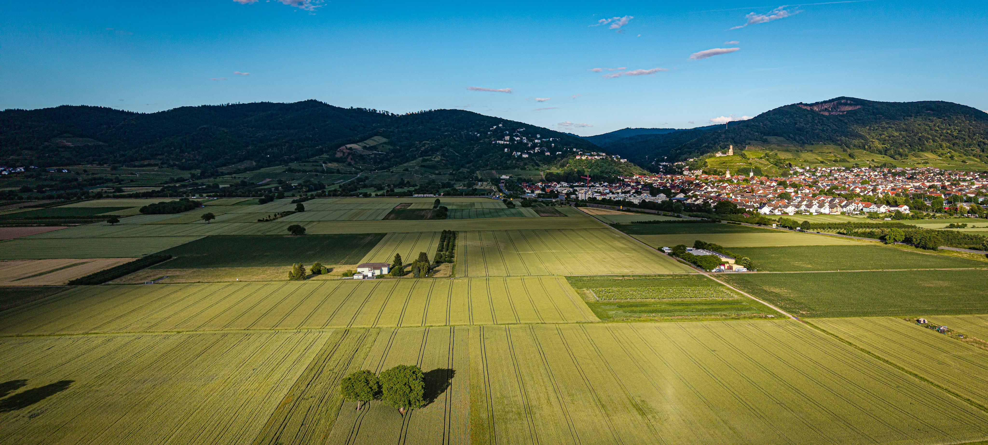 Green fields stretch towards a town nestled among mountains.