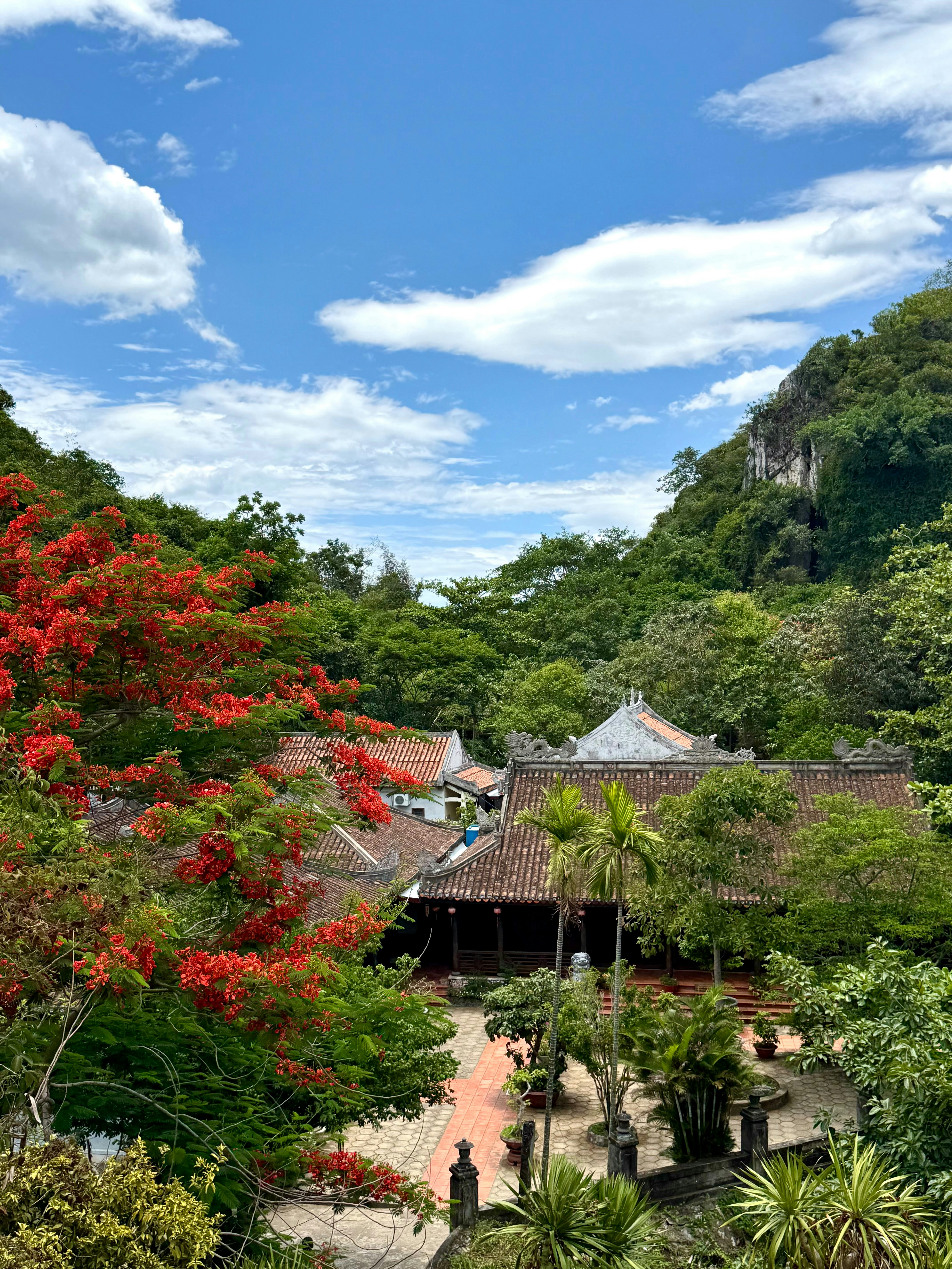 Terraced Temples Amid Tropical Greenery and Red Blossoms