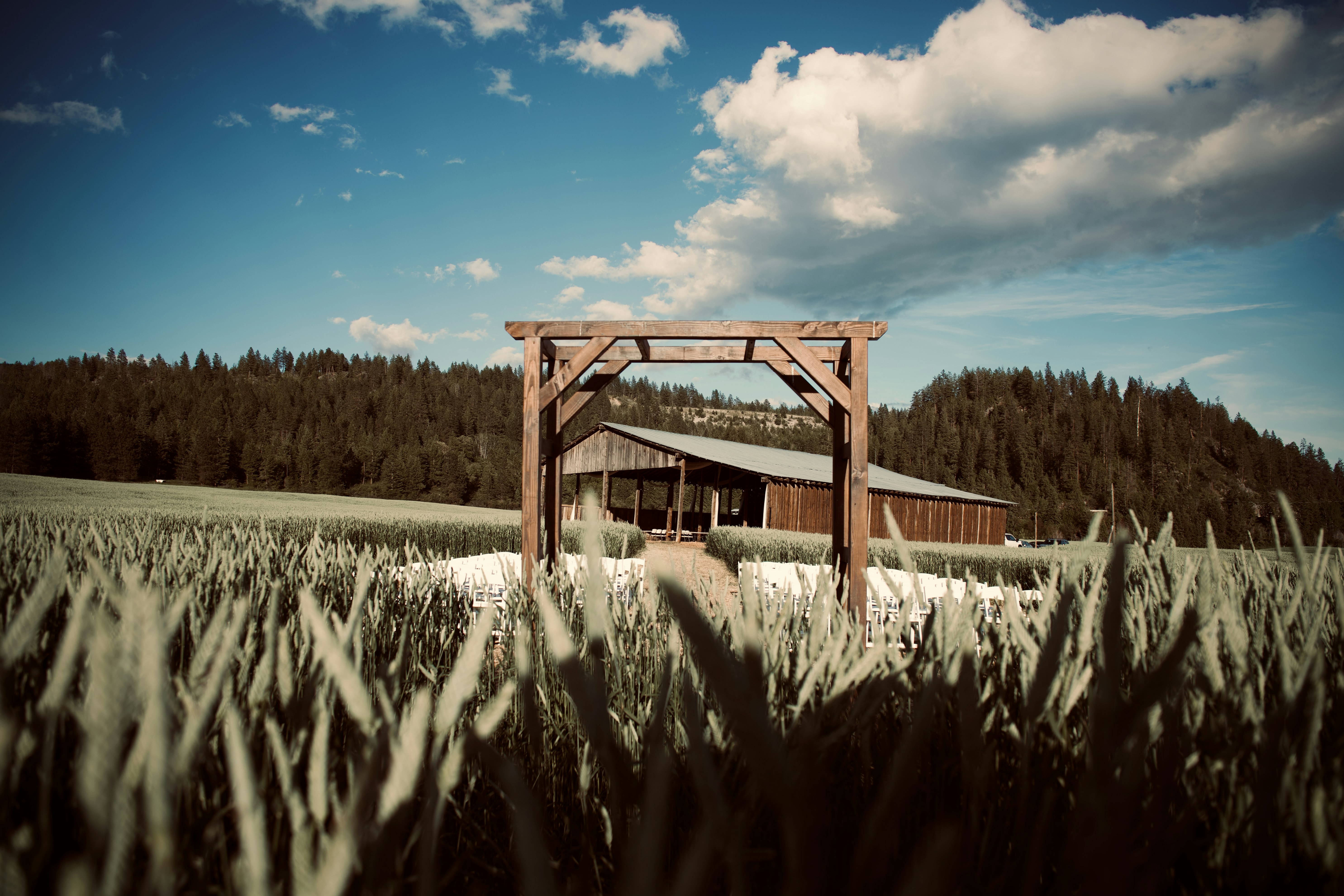 Wooden Archway Framed by Field and Forest Under a Wide Sky