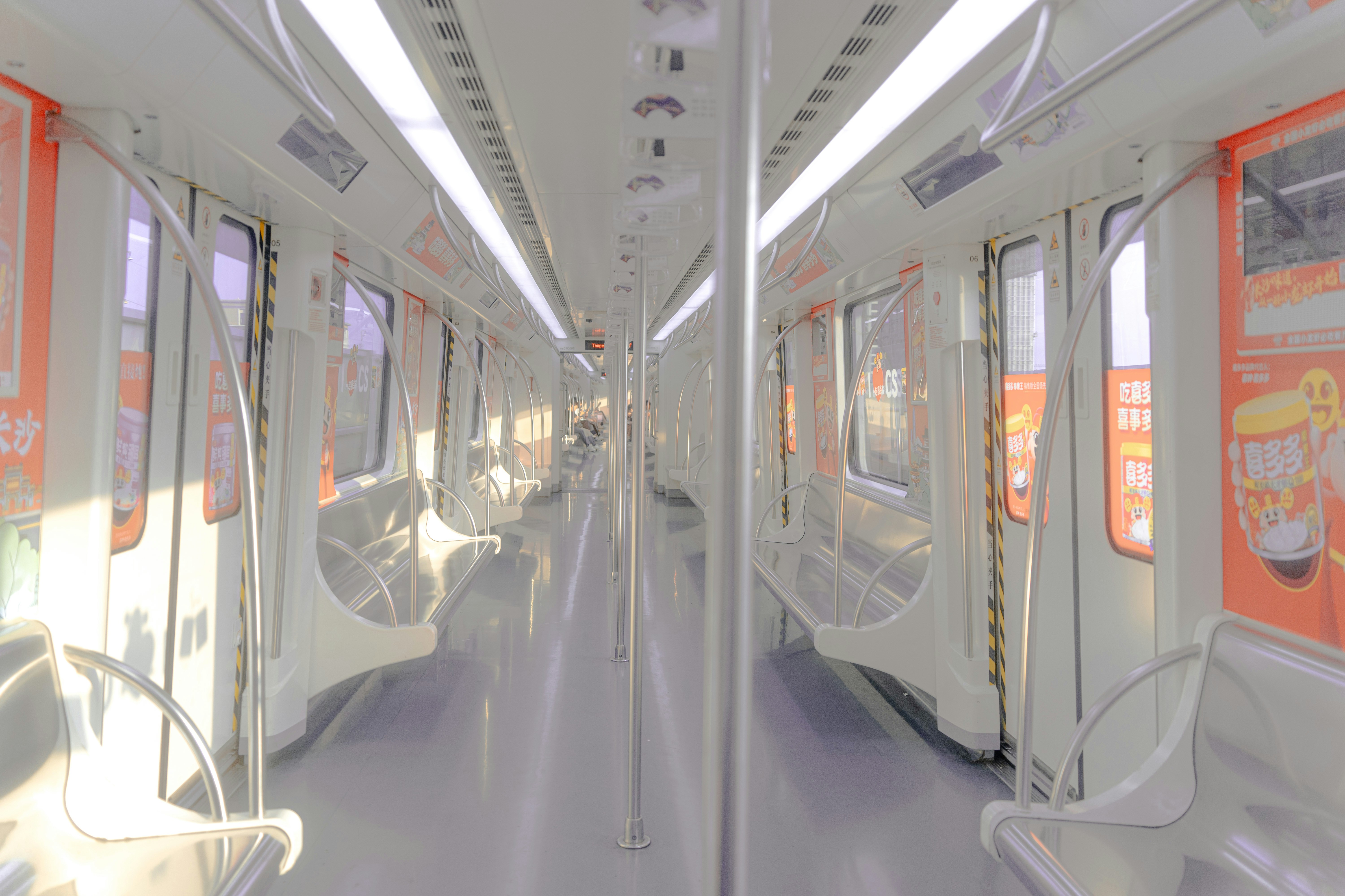 Ghostly Subway Aisle: Vanishing Light in a Tentative Transit Car