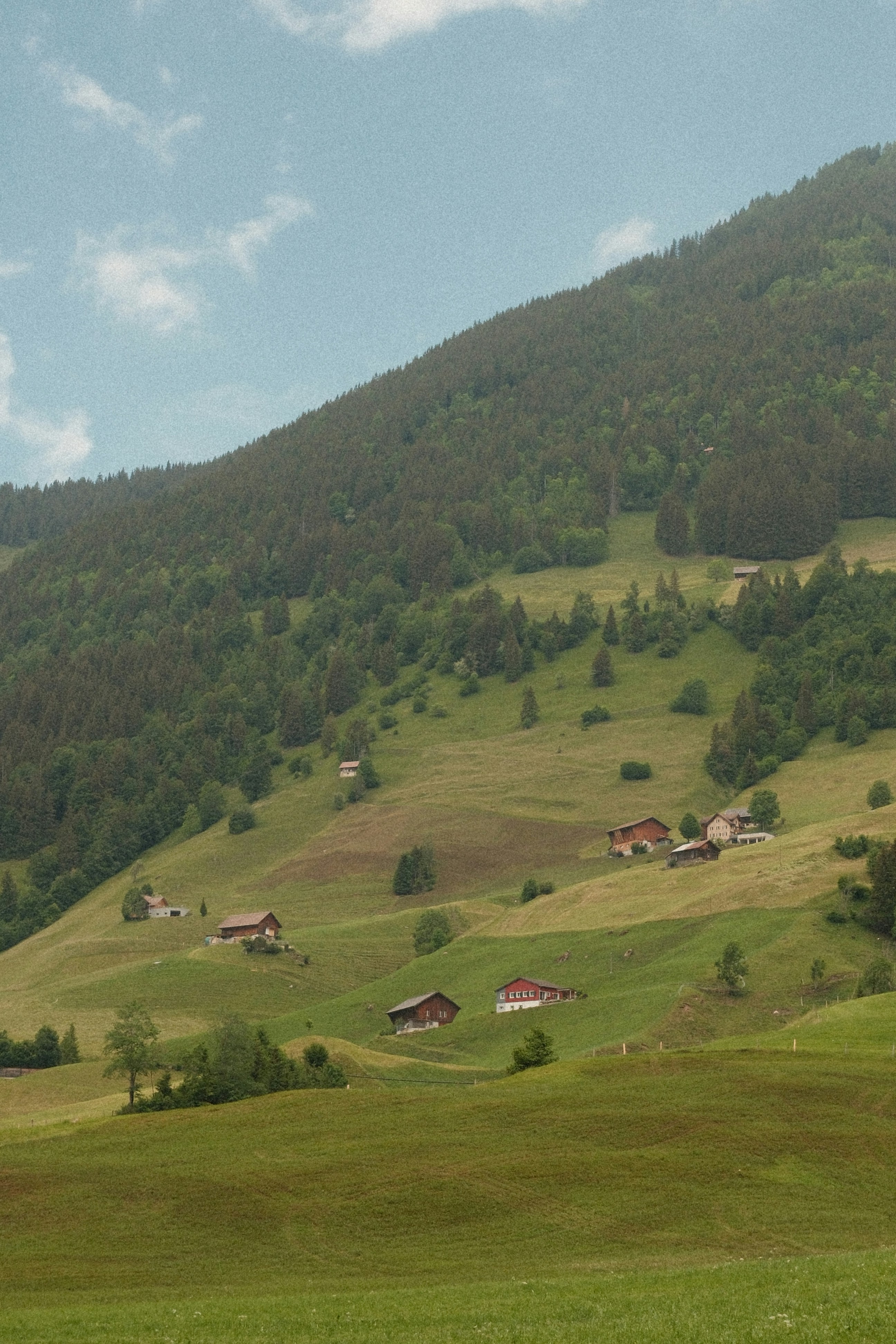 Houses nestled on a green mountainside under a cloudy sky.