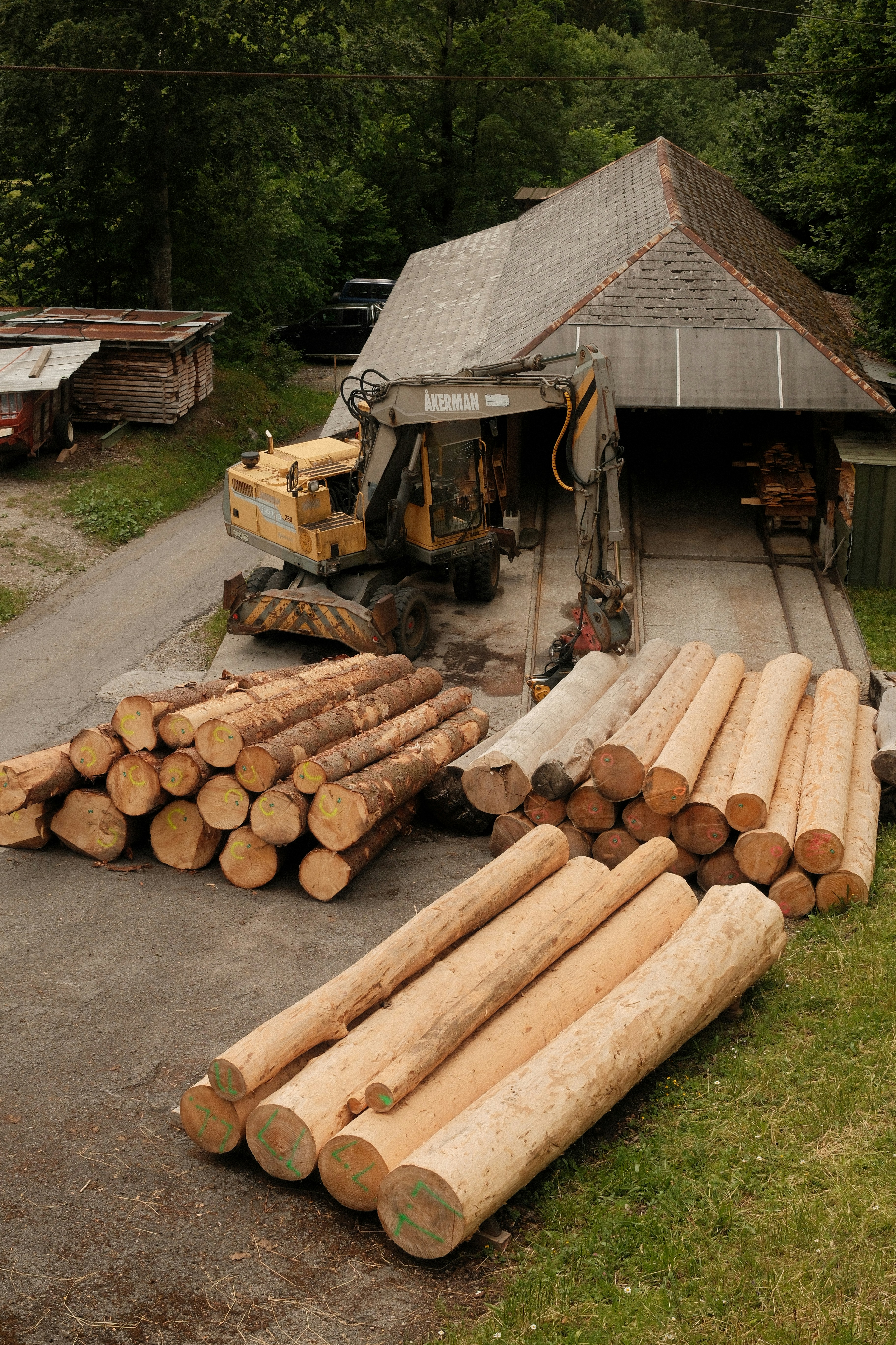 Logs piled near a building with an excavator.