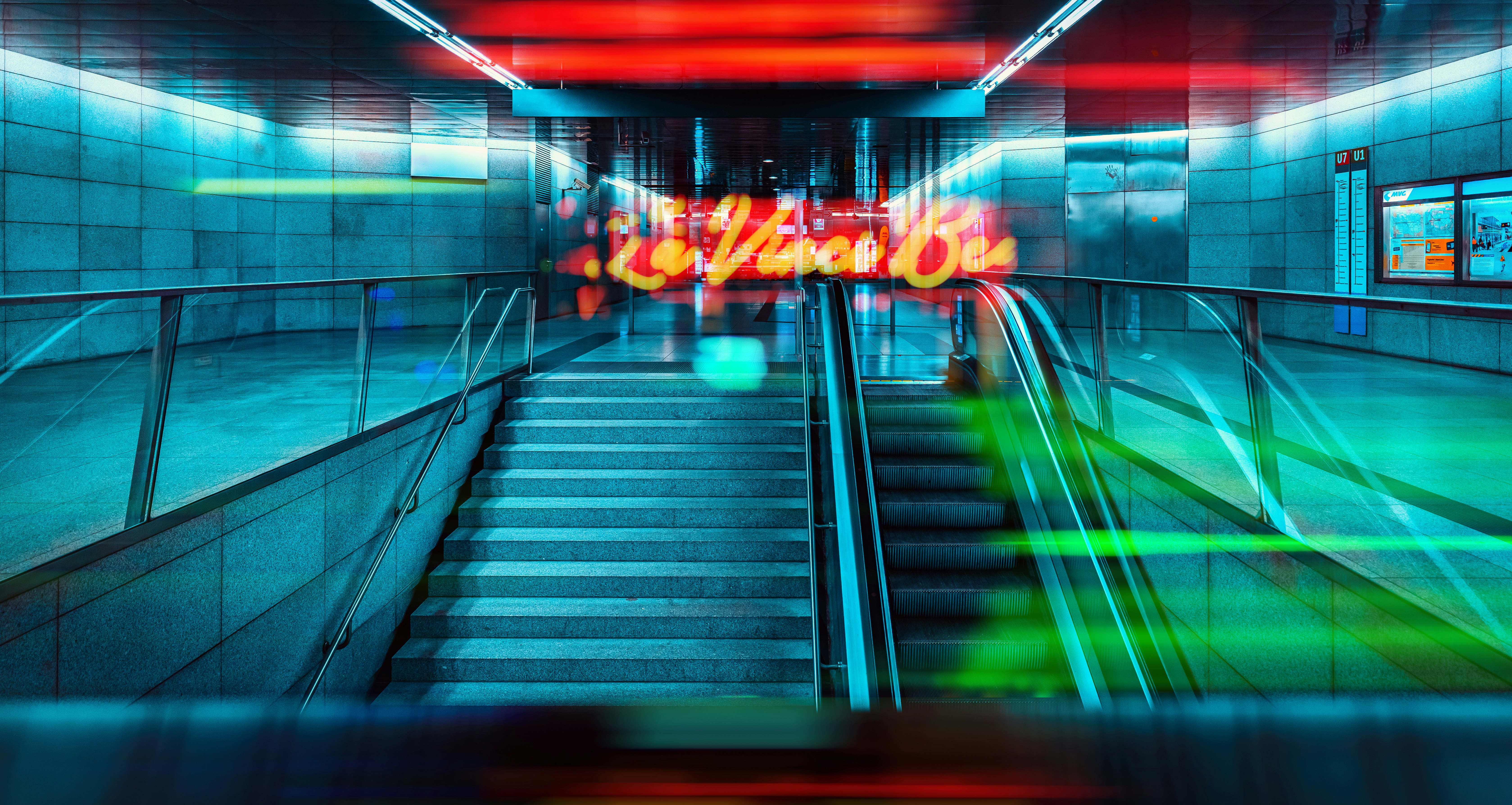 Neon Convergence: Escaltors and Glow in a Moving Subway Night