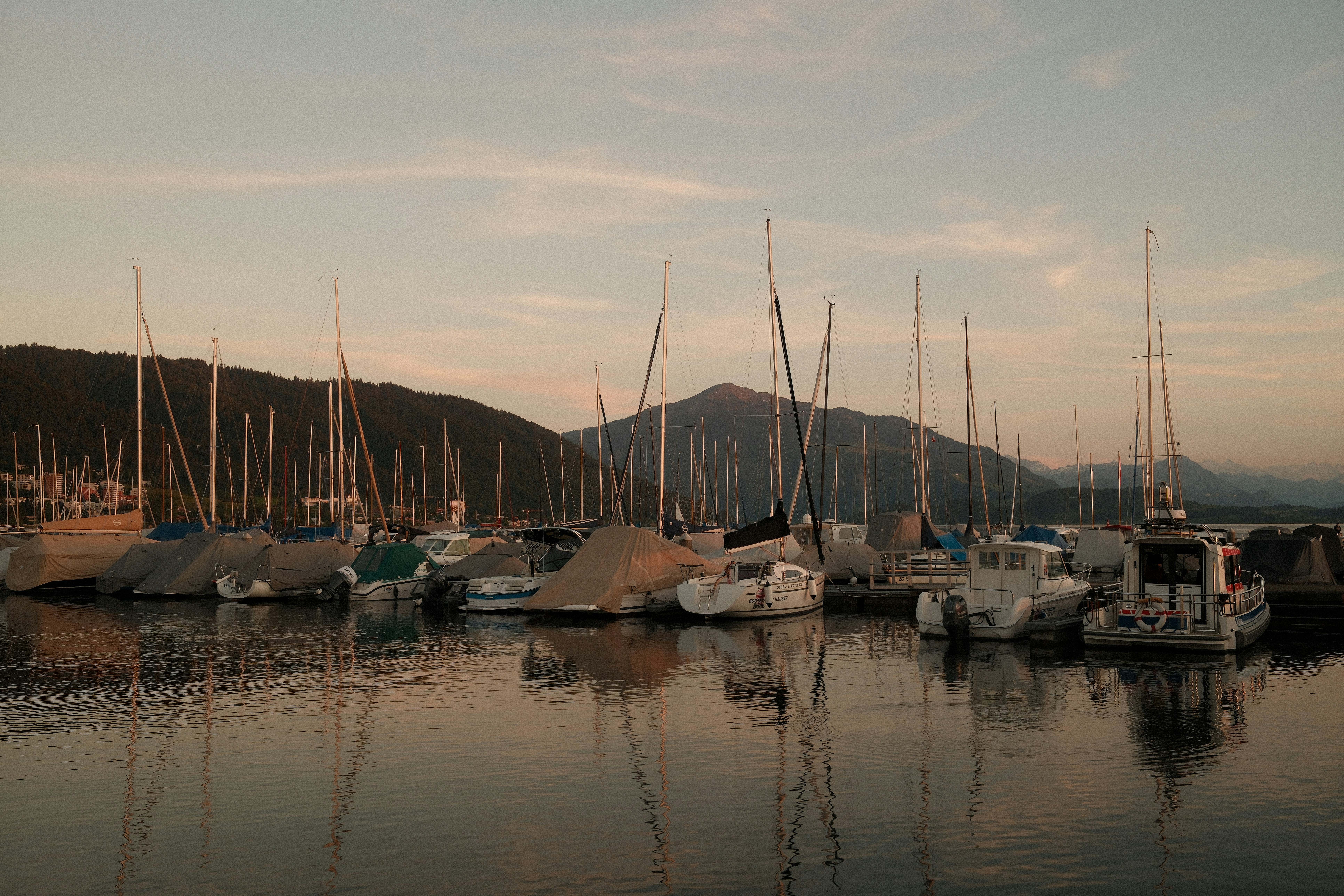 Sailboats docked in a harbor with mountains at sunset.