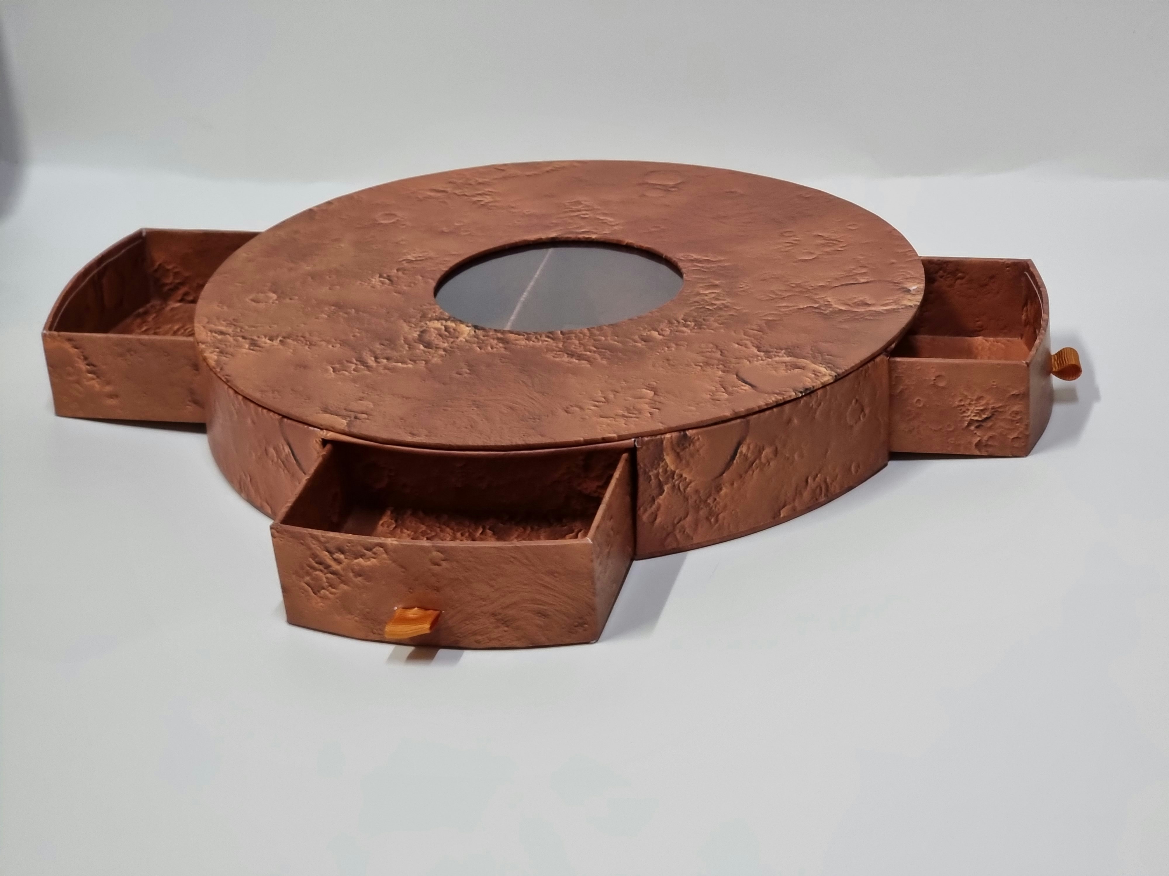 Copper Ring Box with Sliding Compartments on a White Surface