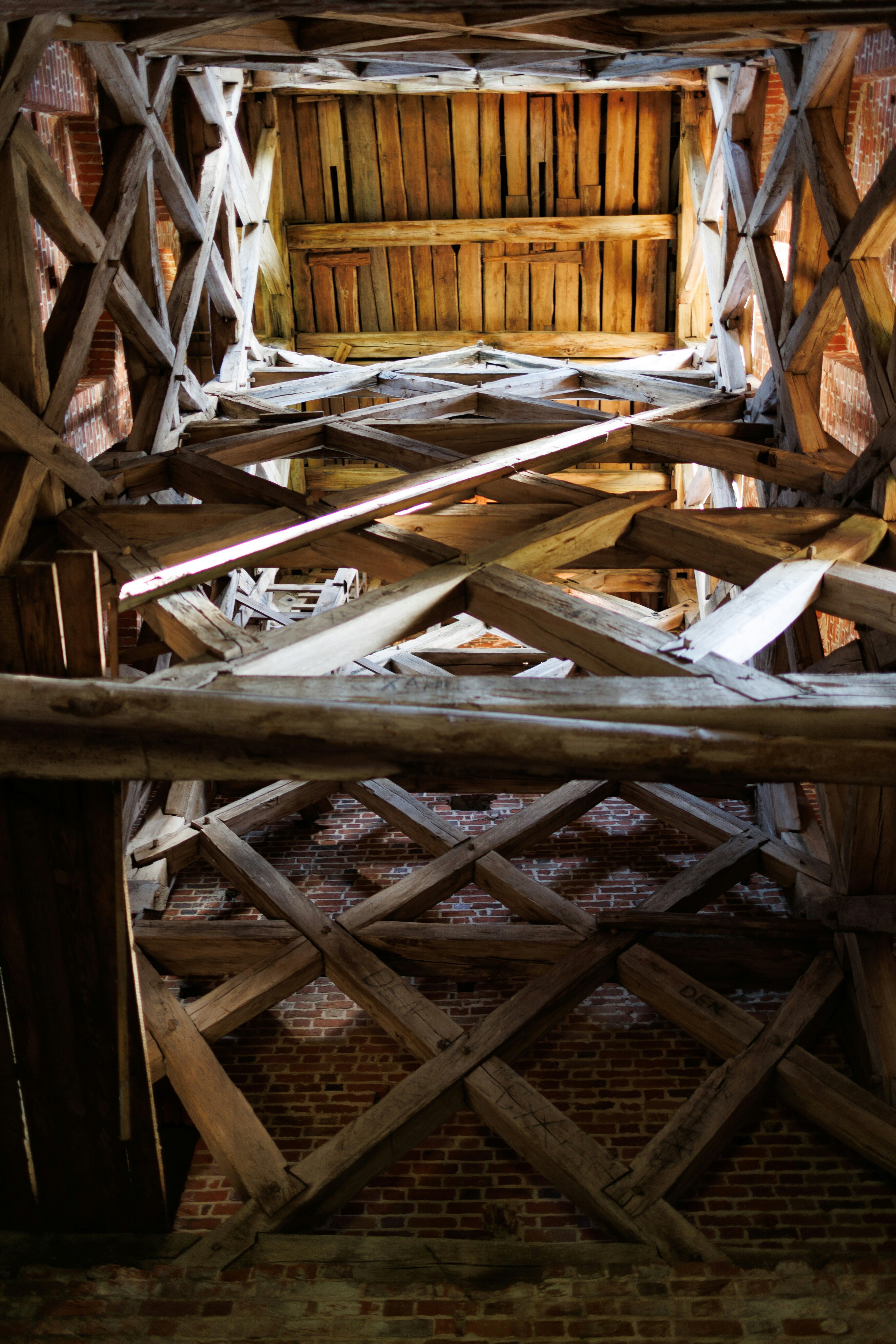 Ceiling of Timber Lattice: An Old Mill's Crosswork