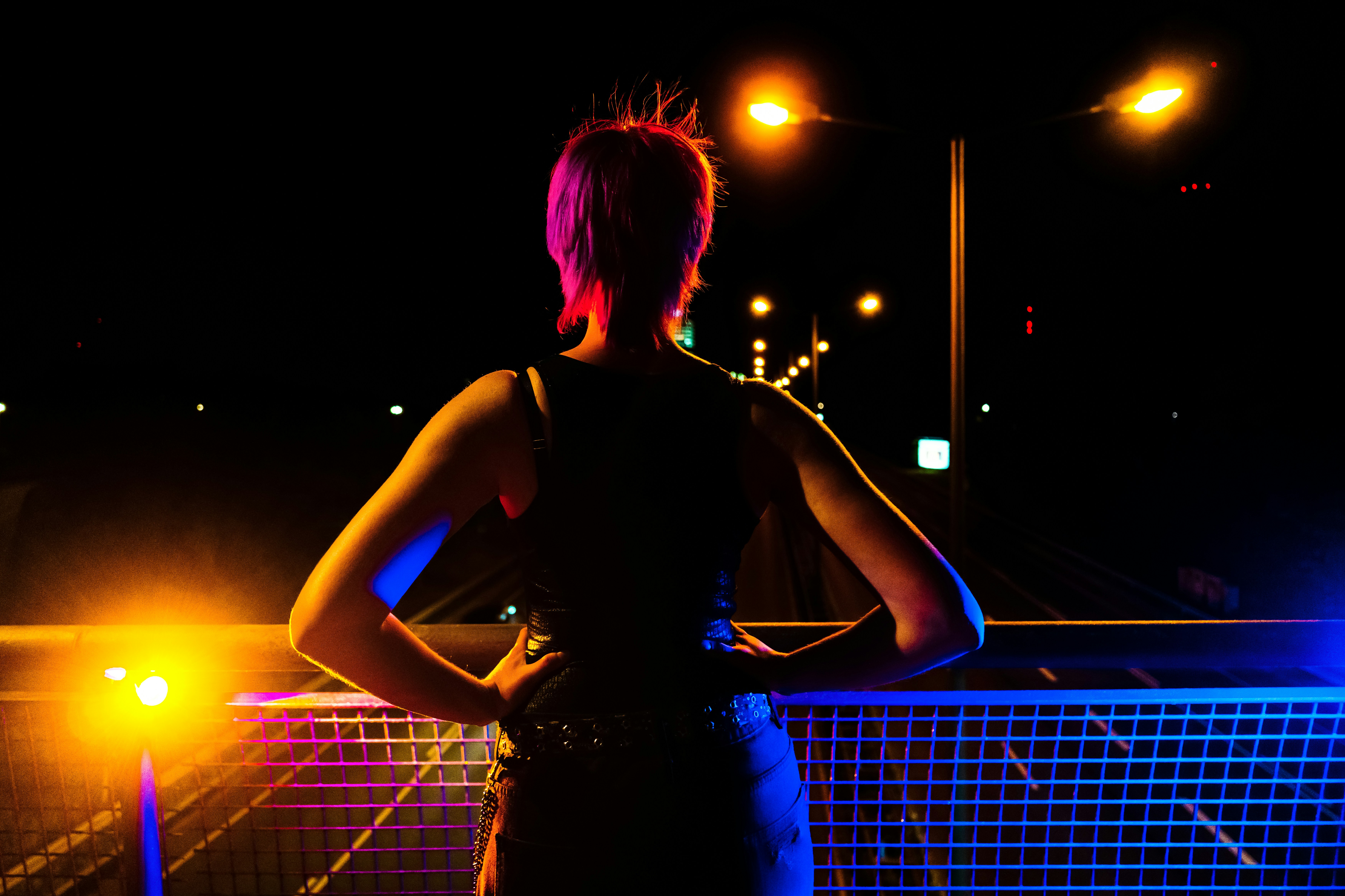 Neon Backdrop, Night Vibe: silhouette with cyan and amber glow