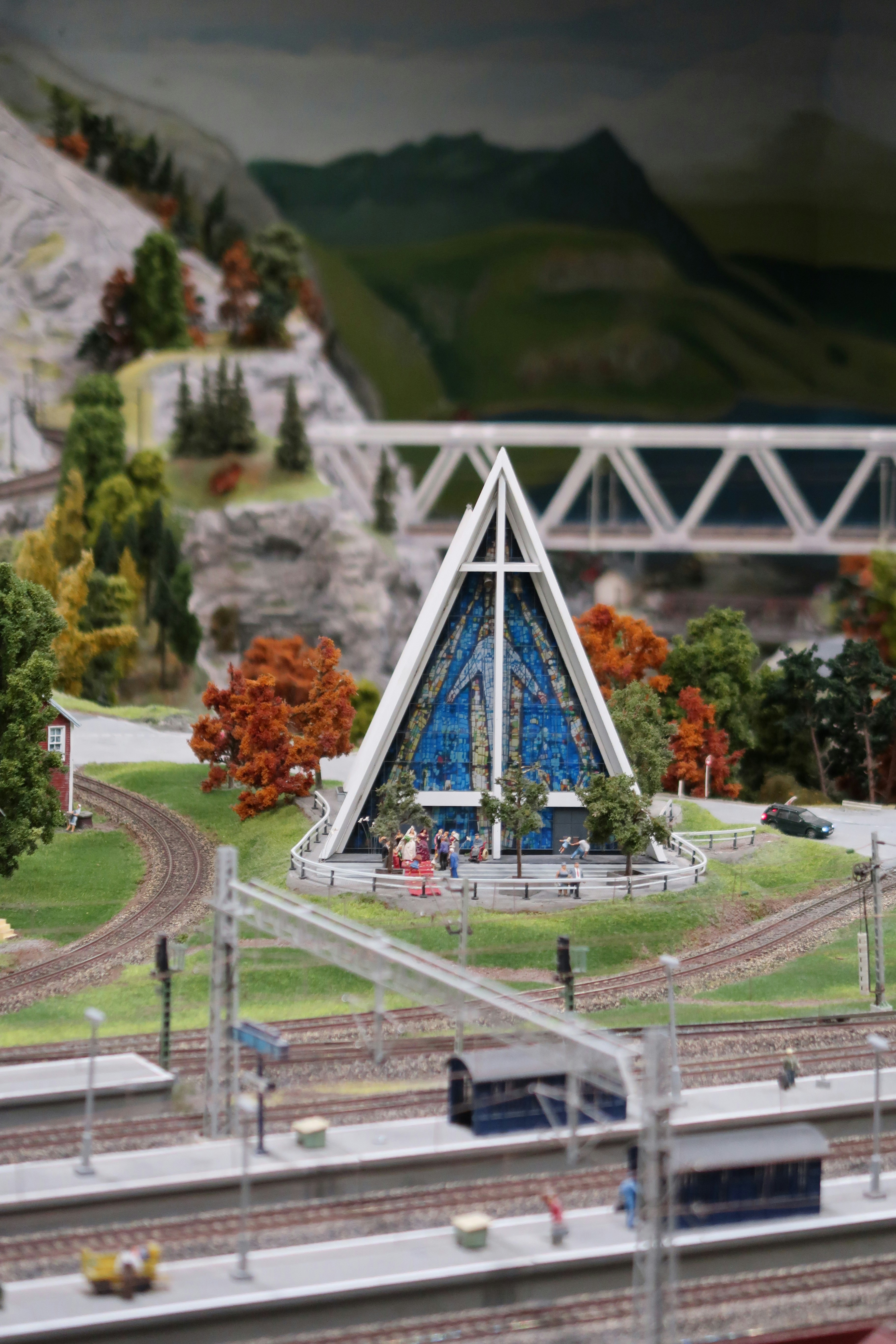 Miniature Shrine at Center of Model Train Landscape