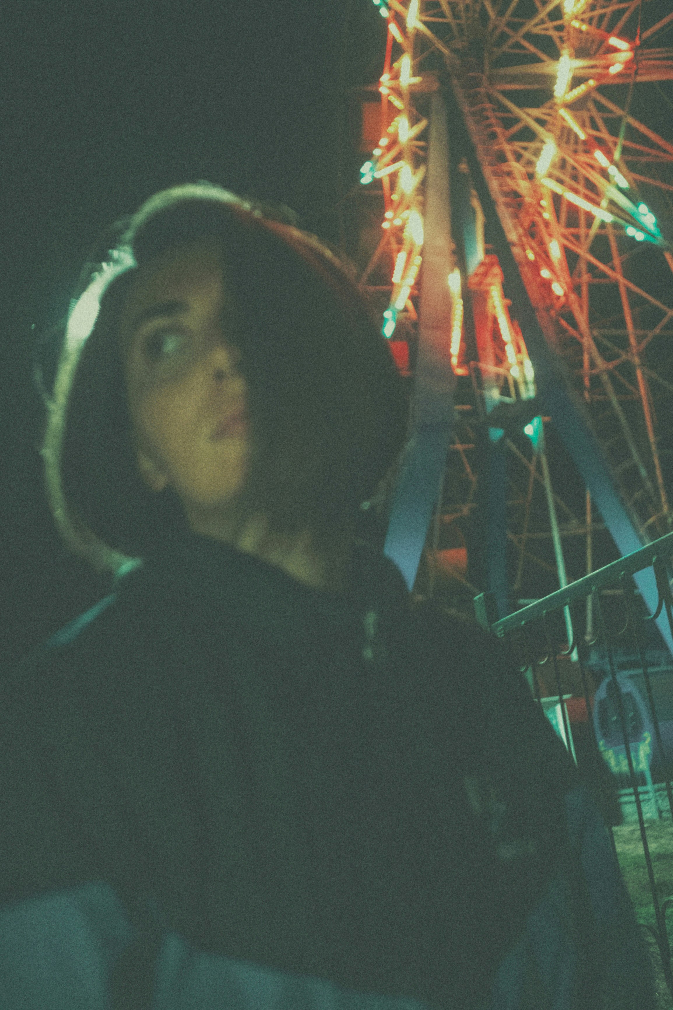 Neon Nights: A Floating Portrait by the Carousel