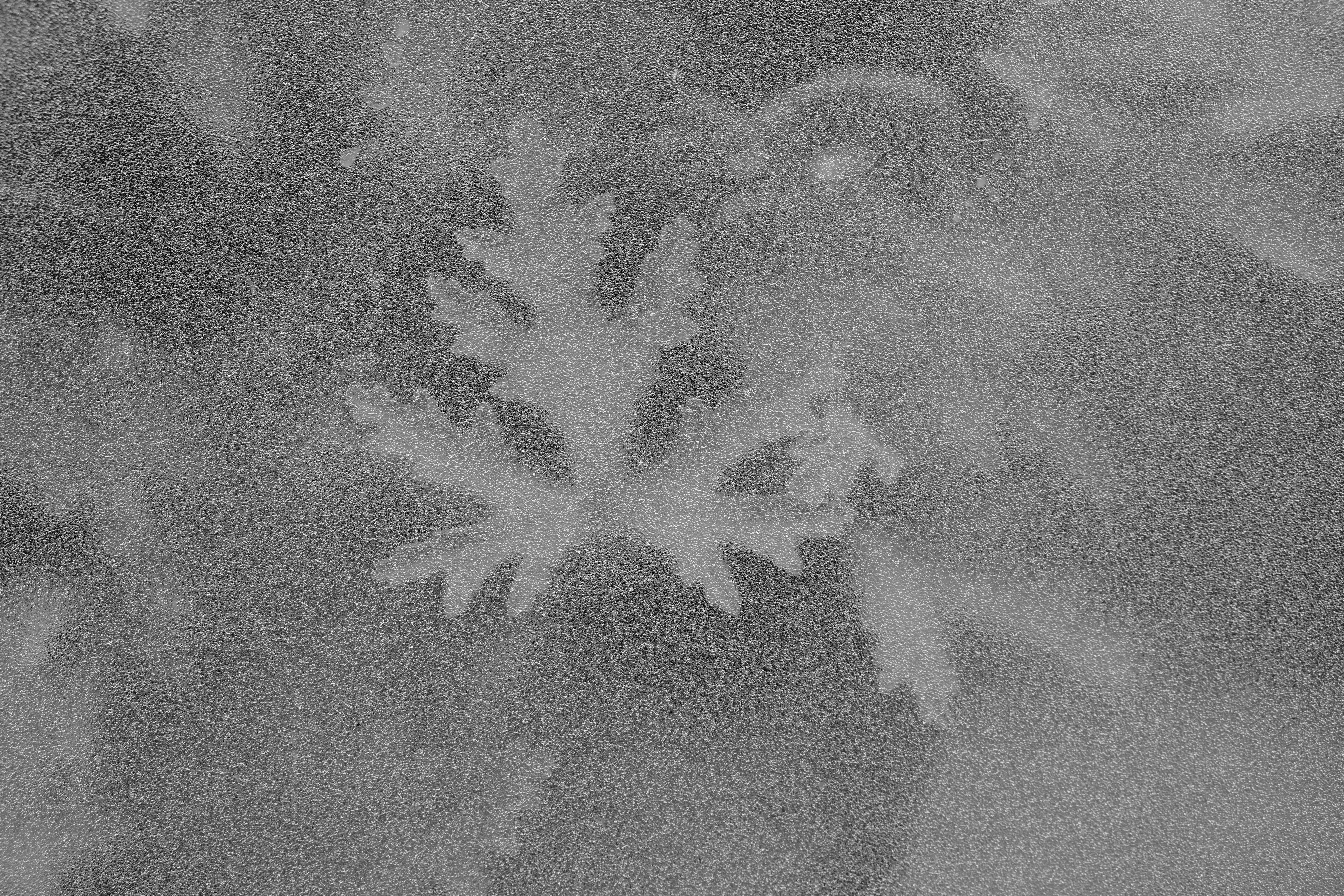 Intricate fern-like frost pattern on a gray frozen surface.