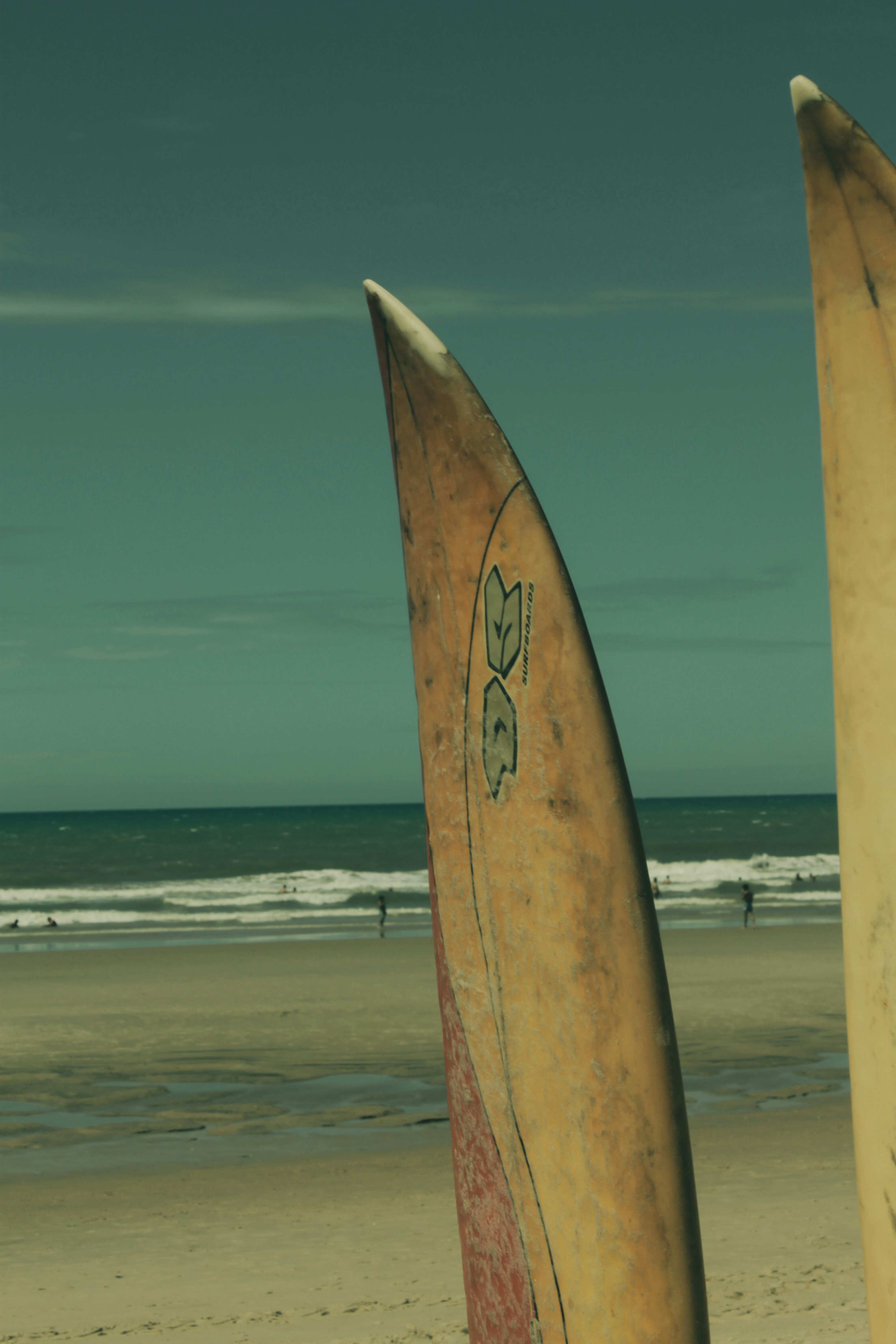 Two Weathered Surfboards Stand Guard Over a Quiet Beach