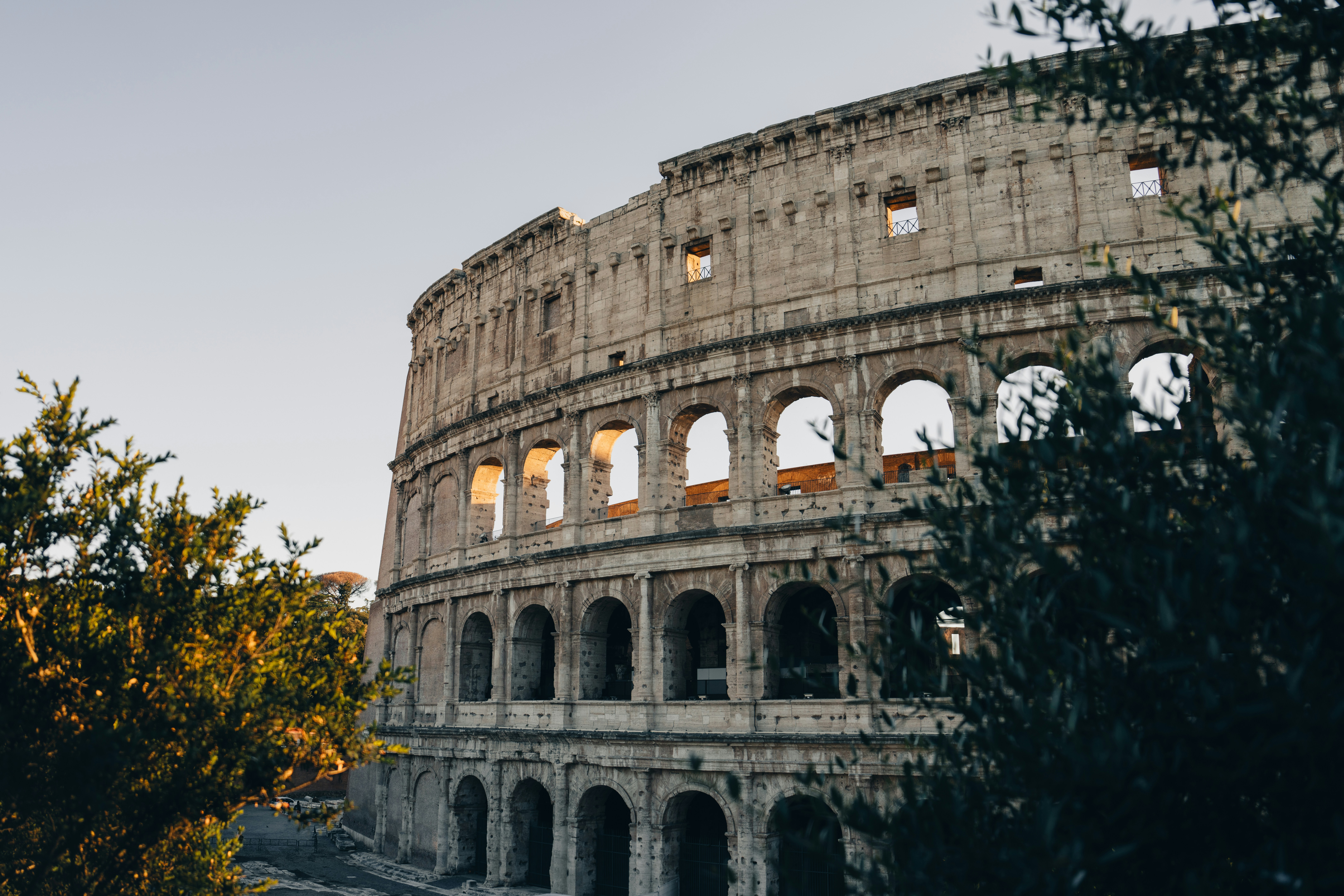 The historic colosseum in rome framed by green trees.