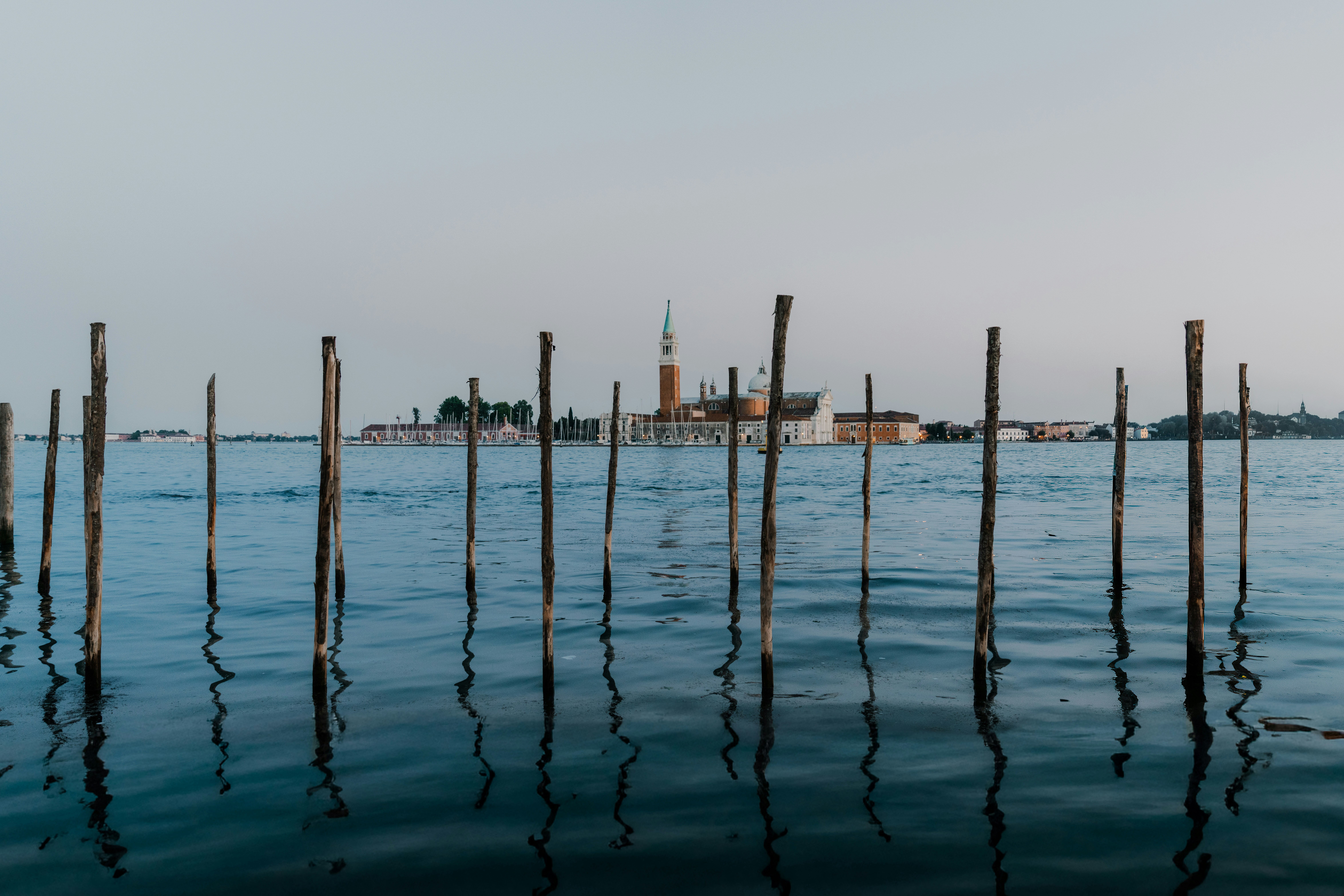 Venice skyline with wooden poles in the foreground water.